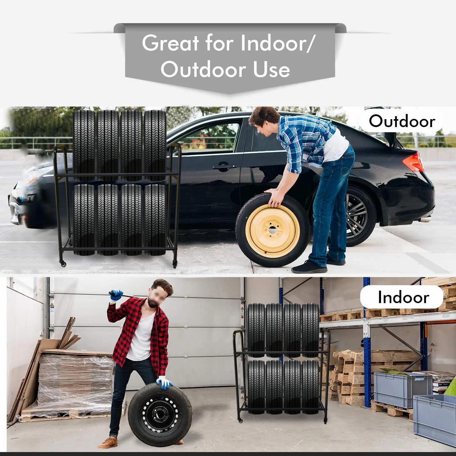 DIYTUNINGS Rolling Tire Cart Rack Organizer, Heavy Duty Mobile Tire Holder for Garage Storage, Adjustable Tire Stand Indoor/Outdoor with 2 Universal Wheels Shelves