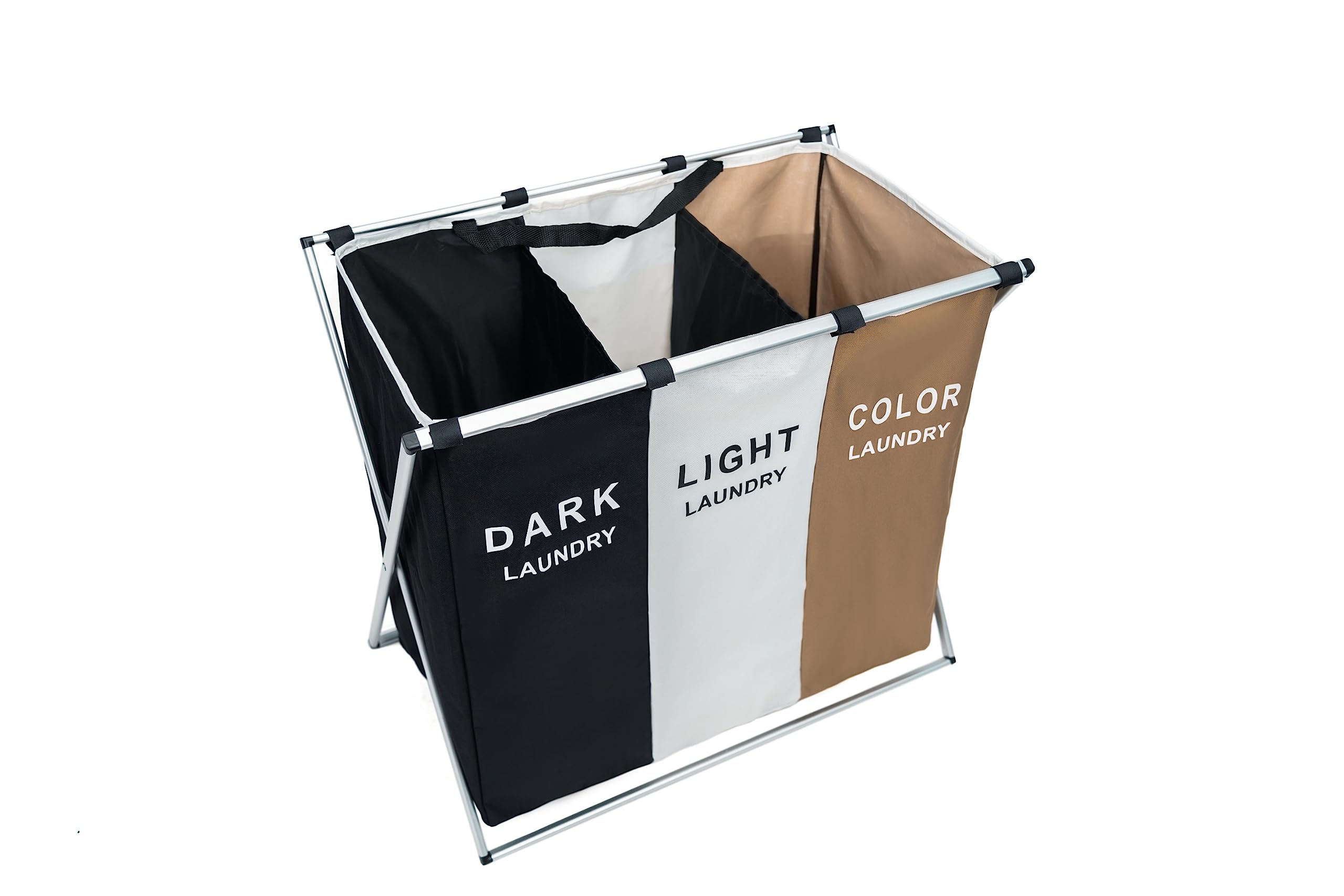 DIOBVNG Laundry Basket 3 Section,Foldable Dirty Laundry Hamper, Hampers for Laundry,Clothes Baskets With Side Pocket,Laundry Sorter(Black and white brown)