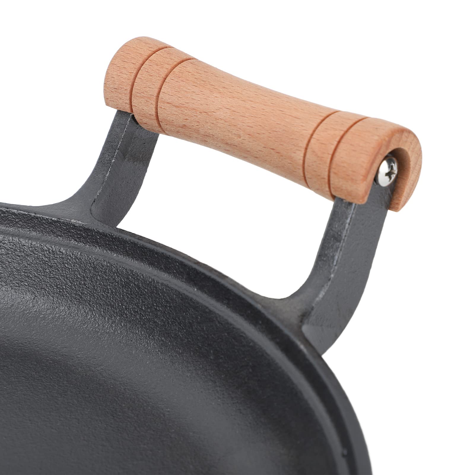 Depurate Round Cast Iron BBQ Grill Pan Dual Wooden Handles Steak Frying Meats Roasting Skillets Gatherings (33cm/12.99in)