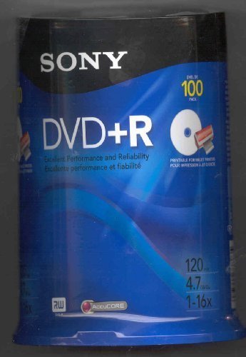 Sony DVD+R 4.7 GB Printable Recordable DVD's - 100 Disc Spindle Pack