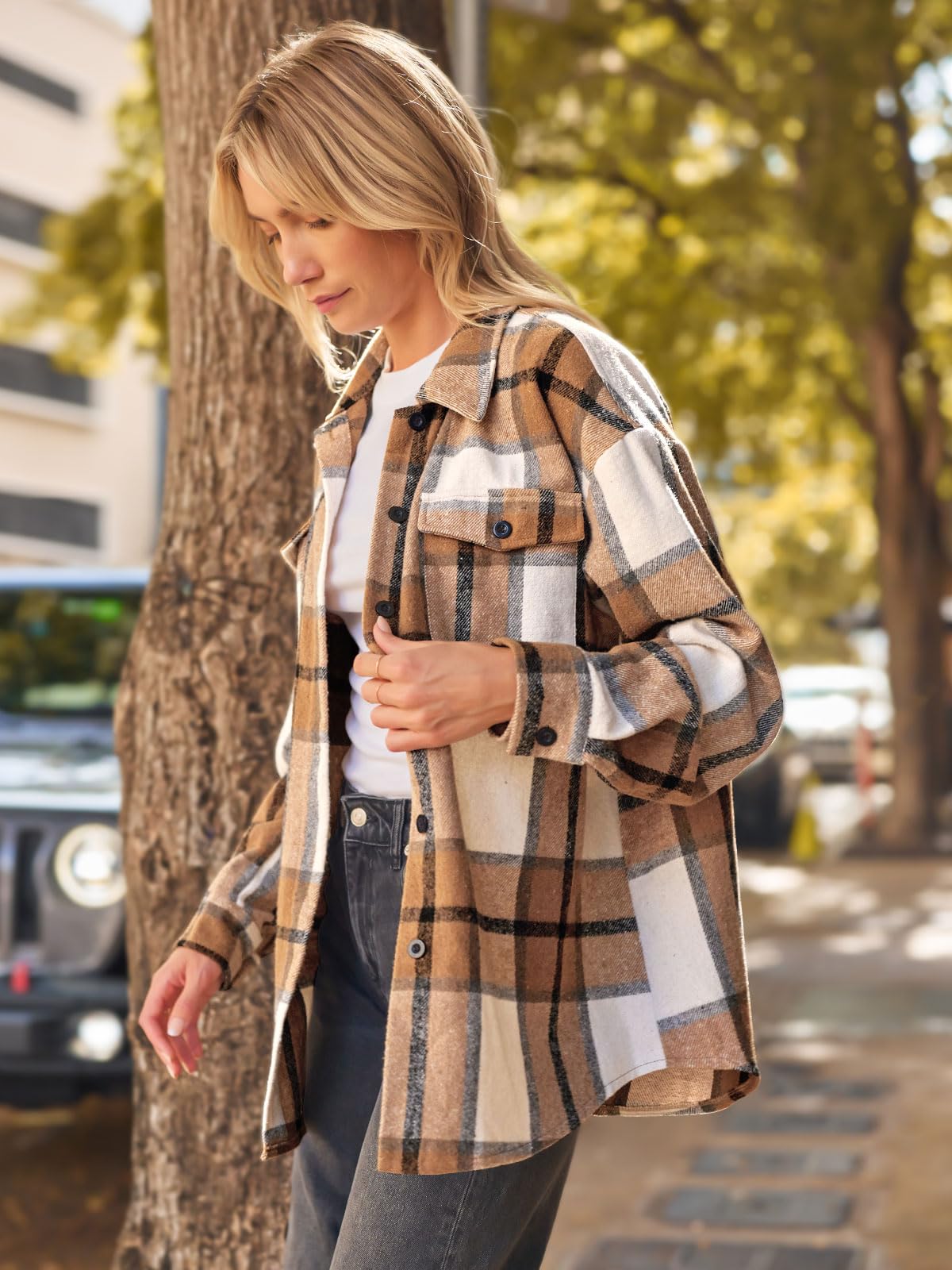 AUTOMET Womens Fall Outfits Fashion Clothes Tops Oversized Flannel Jackets Shirts Button Down Long Sleeve Shacket Blouse 2024 Apricot
