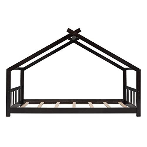 DEYOBED Twin House Bed for Kids - Wood Montessori Design with Headboard, Footboard - Espresso Finish, No Box Spring Needed