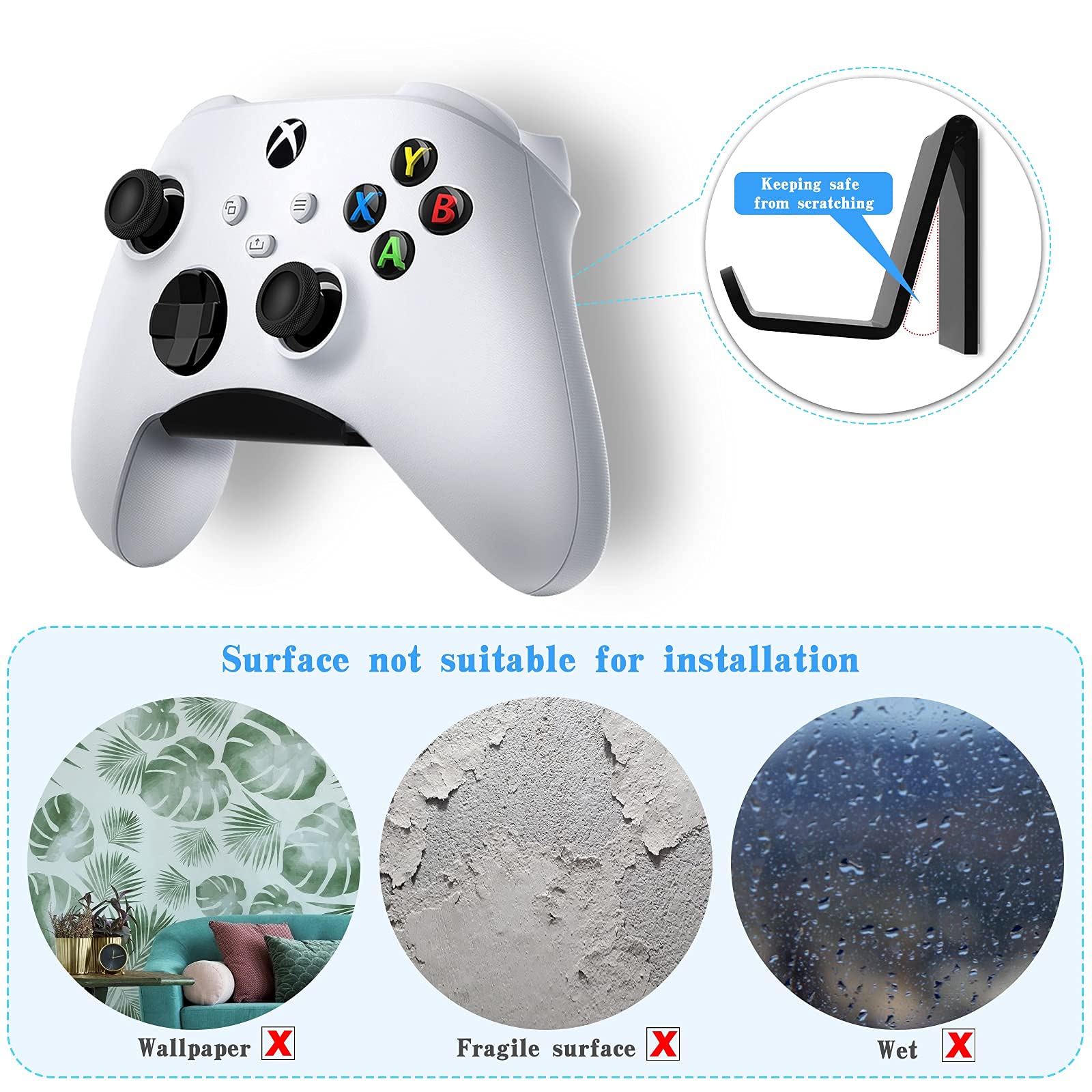 MWOOT Game Controller Holder Wall Mount (2 Pack) for Xbox One/ PS4/ PS5/ Switch/Steam/PC, Gamepad Headphone Stand Holder, Screw-Free, Stick on, Universal Controller Accessories (Black)