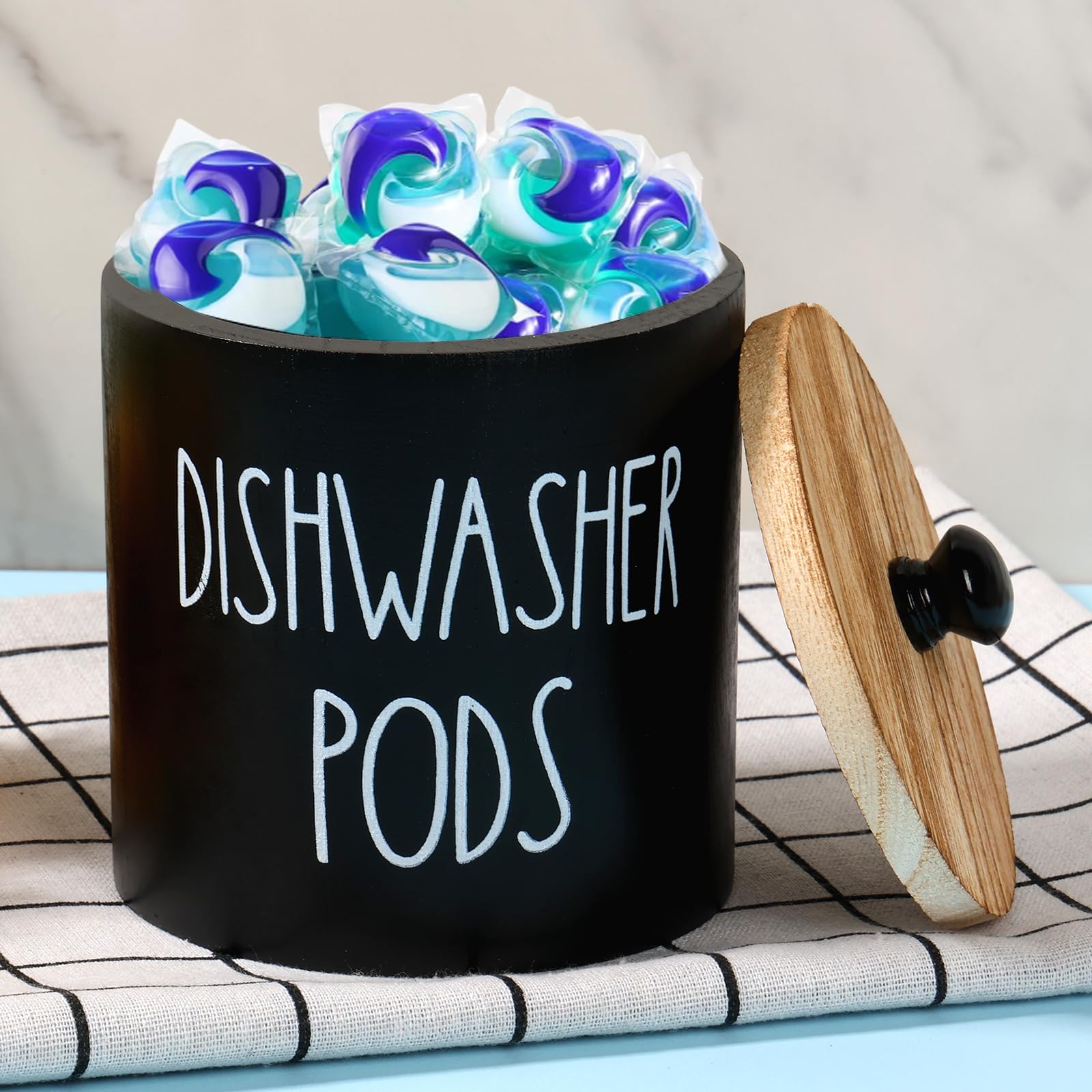 Dishwasher Pod Holder with Lid Stylish Dishwasher Tablet Container Wide Opening Dishwasher Pod Storage Round Shape Dishwasher Pod Canister Dishwasher Pod Organizer for Home Kitchens (Black)