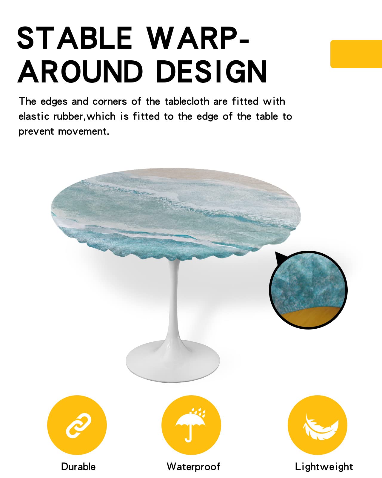 BEKYONEE Summer Ocean Round Fitted Tablecloth 55-60in Beach Seaside Waterproof Table Cover Coastal Sea Waves Elastic Edged Washable Table Cloths for Kitchen Picnic Outdoor Tabletop Abstract Art Decor