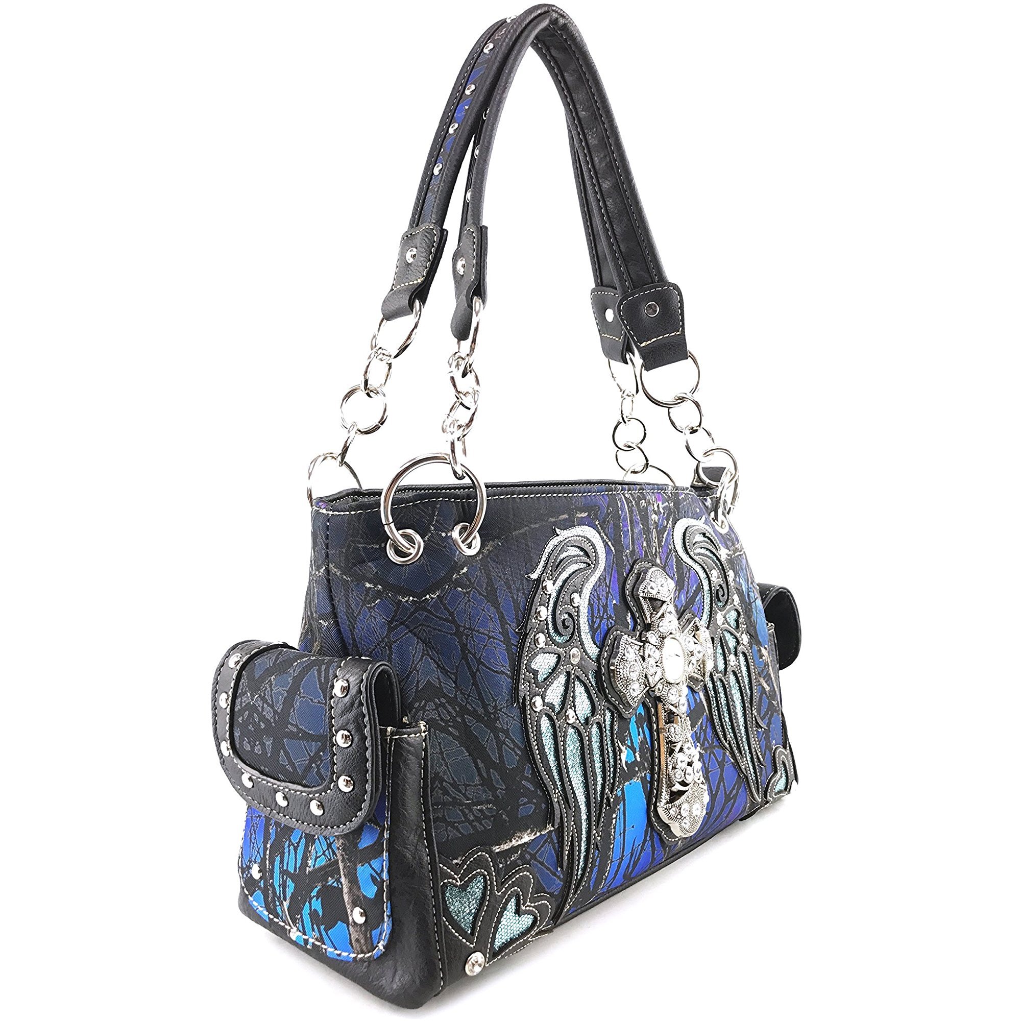 Justin West Camouflage Tree Branches Bling Rhinestone Cross Wings Handbag Purse Messenger Bags and Wallet Purple Wing