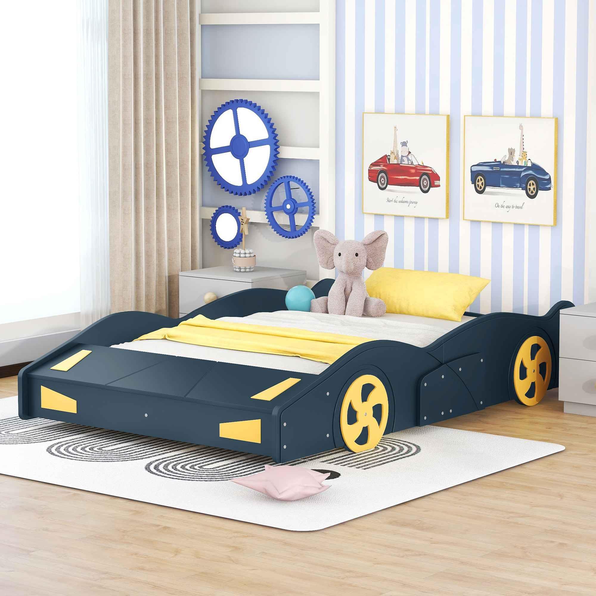 ATY Full Size Platform Bed with Storage, Race Car-Shaped Bedframe w/Wheels Design, Funny for Kids, Toddlers, 90.6" L x 55.3" W x 15.7" H, No Spring Needed, Dark blue
