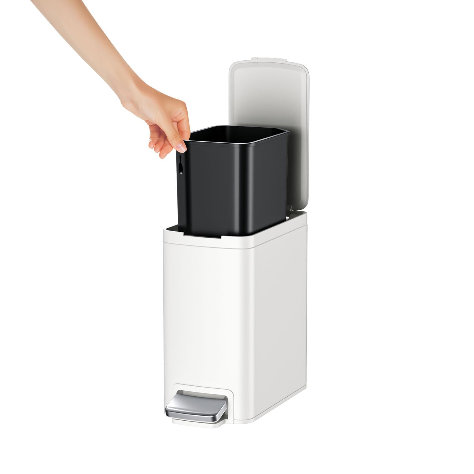 Bscann Bathroom Trash Can with Soft Close Lid,6 Liter / 1.6 Gallon Stainless Steel Step Garbage Can with Removable Bin,White Trash Can for Bathroom,Bedroom,Office(White)