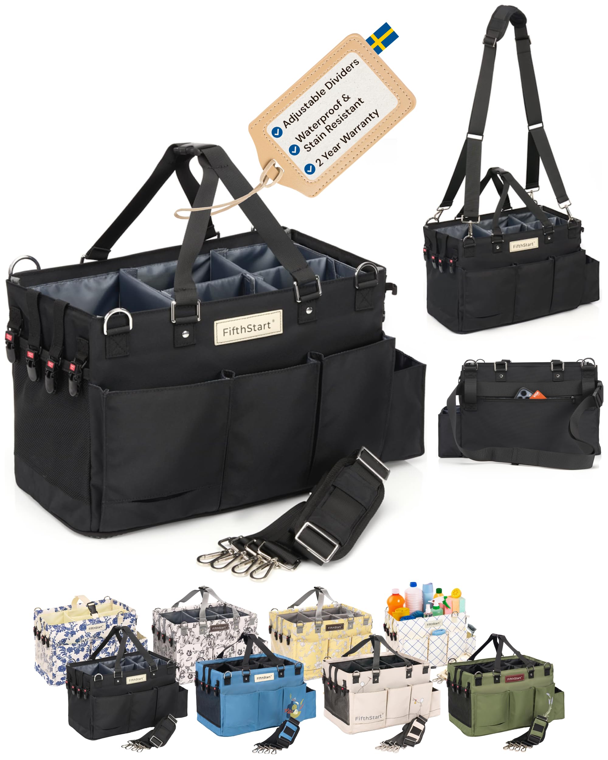 FifthStart Multiuse Cleaning Caddy with Waist & Shoulder Strap - Professional 9 Pockets Tote Bag for Housekeeping Diaper Gardening Fishing Beach Bathroom Organizer Adjustable Compartments, Black Large