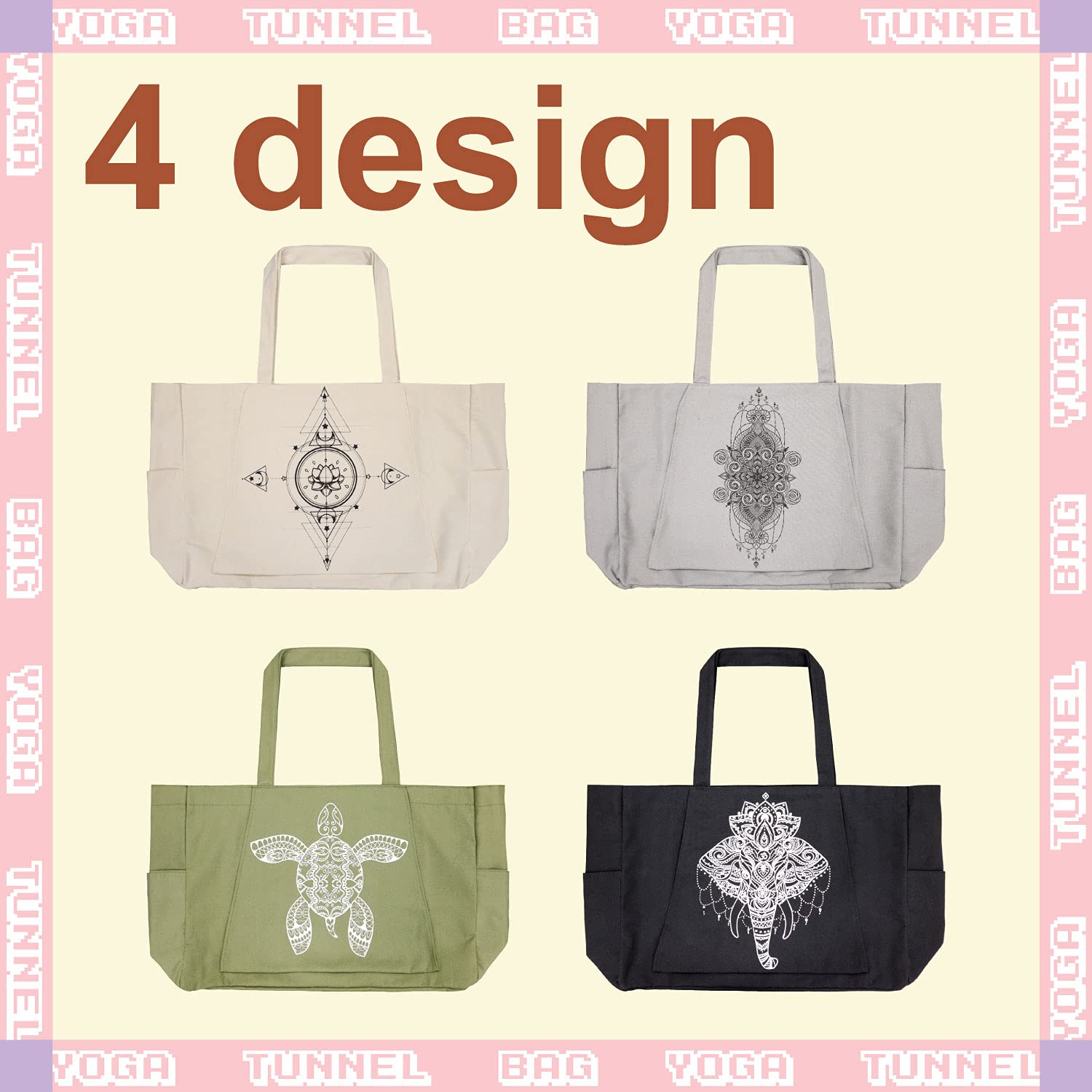 Burro Chakra Themed Yoga Mat Cotton Tote Bag with Mat Carrier Pocket Extra Pocket Inside (YB105 IVORY)