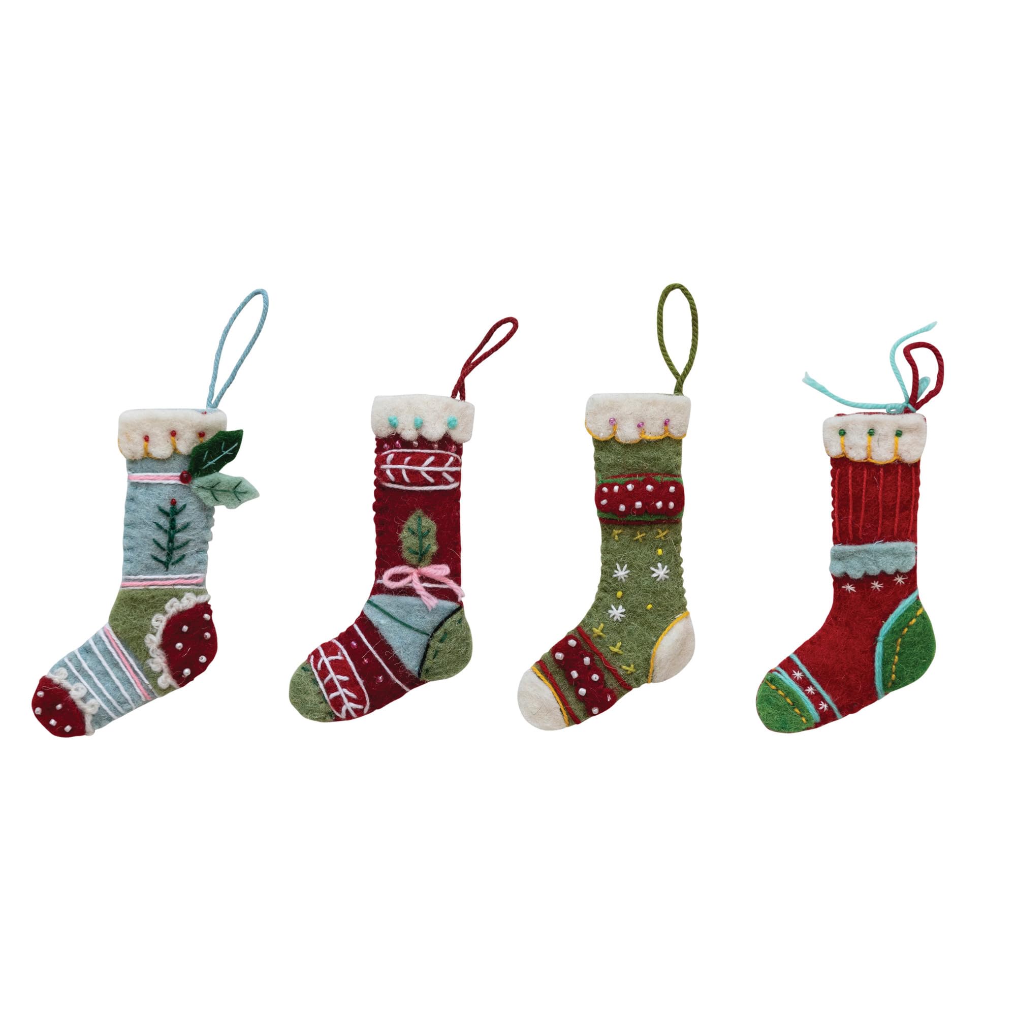 Creative Co-Op Handmade Wool Felt Stocking Ornament with Beads and Embroidery, Multicolor, Set of 4 Styles