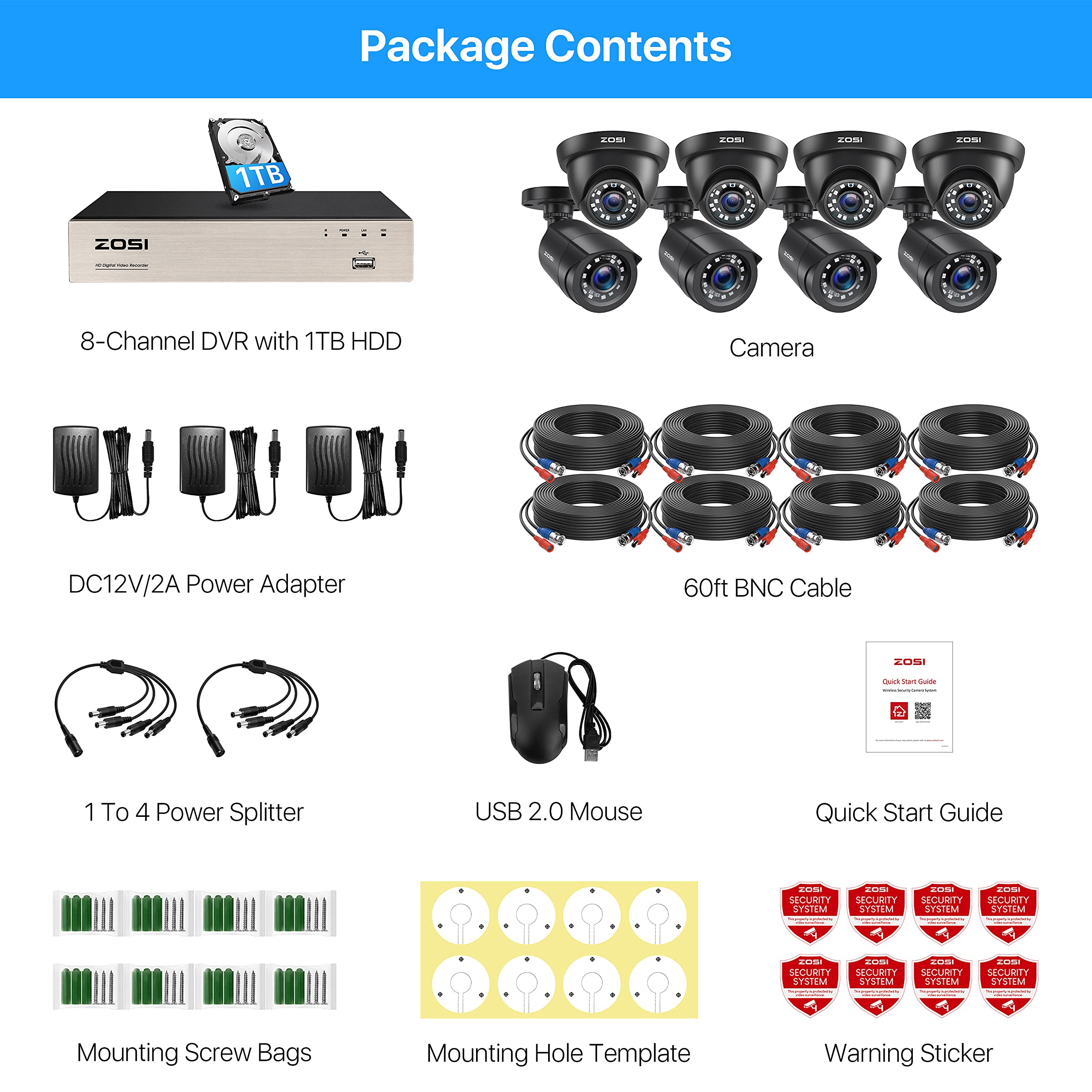 ZOSI 3K Lite Security Camera System Outdoor,8pcs 1920TVL 1080P Home Surveillance Cameras,80ft Night Vision,Remote Access,8 Channel H.265+ 5MP Lite CCTV DVR with 1TB Hard Drive for 24/7 Recording