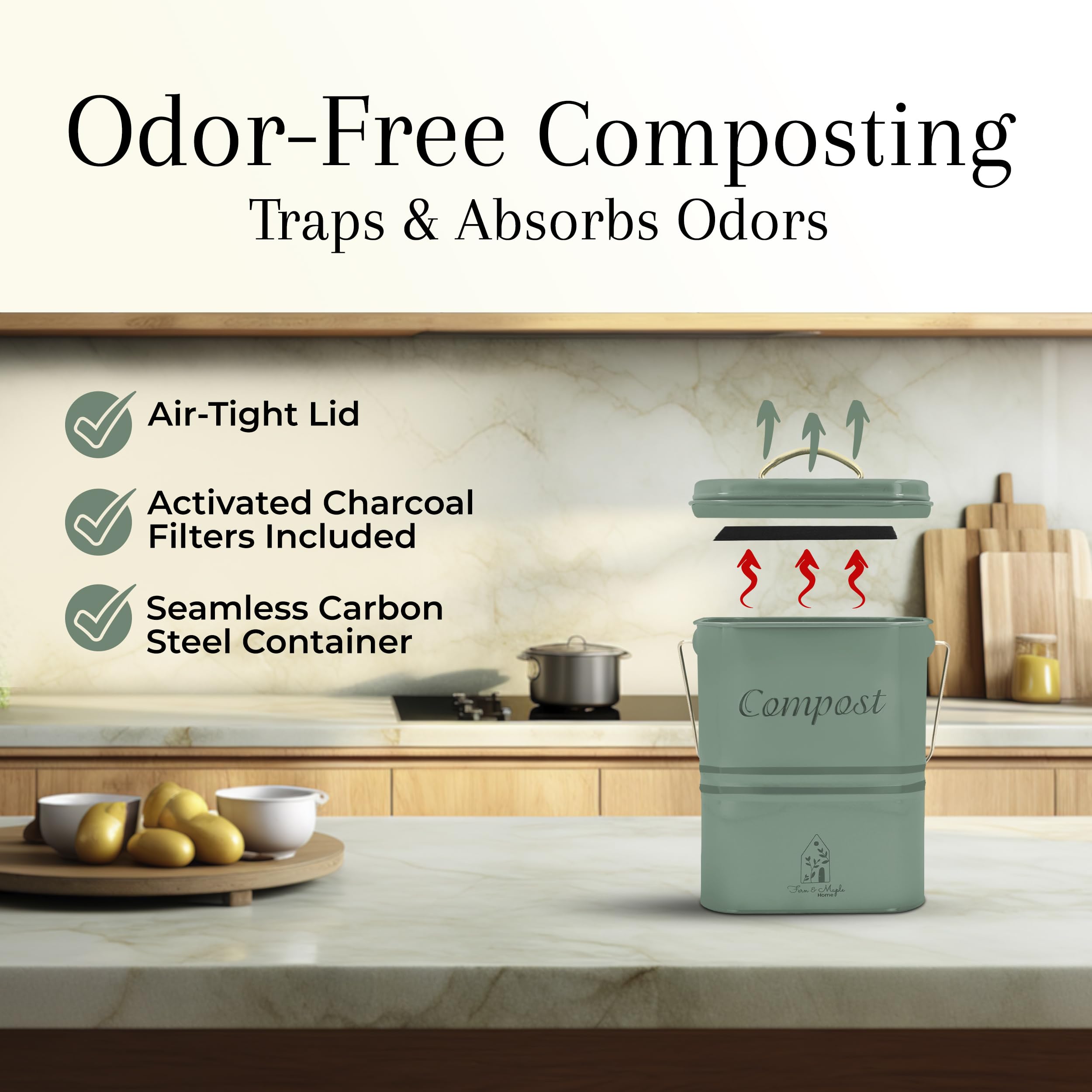 Compost Bin Kitchen Counter – 1 Gal with Lid & 3 Charcoal Filters, Small Square Countertop Composting Bin Fits Against Wall - Space Saving for Food Scraps, Odor-Free Countertop Compost Bucket