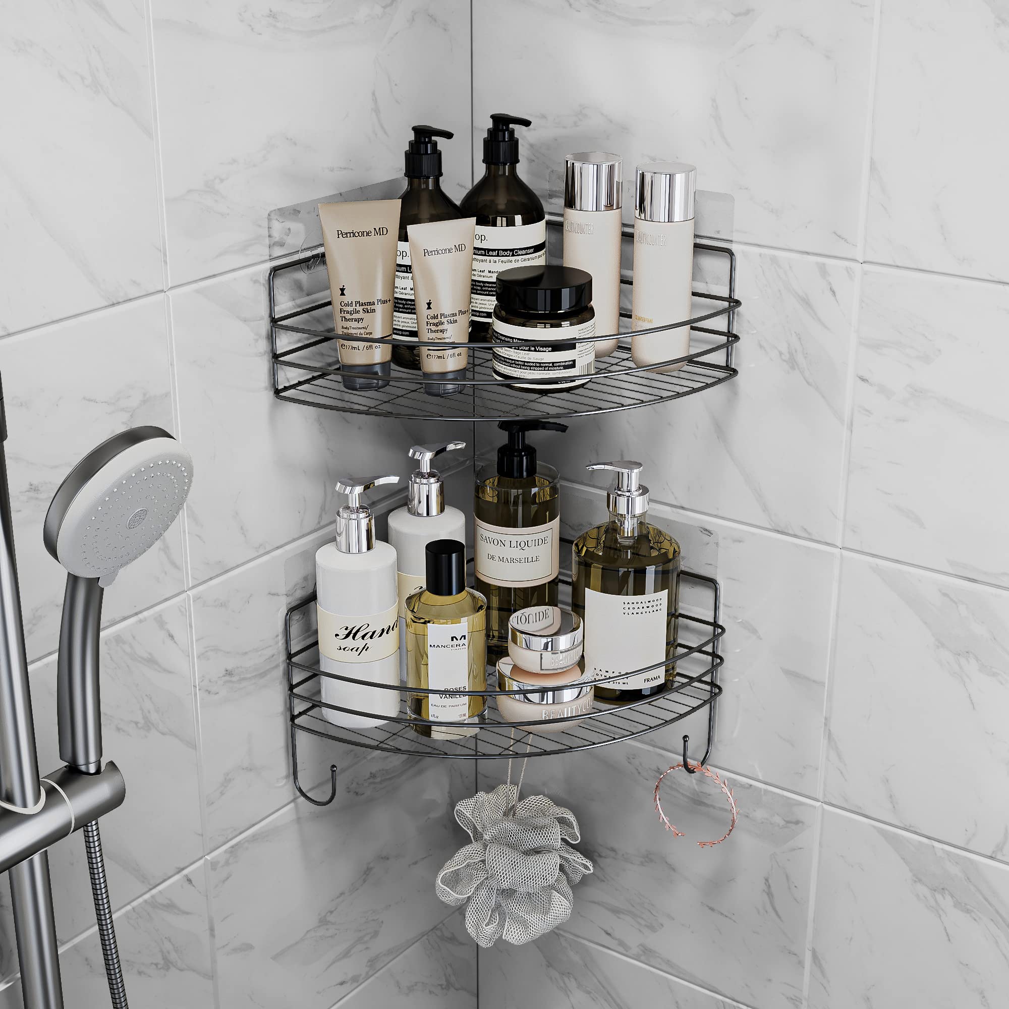 Corner Shower Shelves with 4 Hooks, 2-Tier Stainless Steel Bathroom Shower Organizers, Wall Mounted Caddy Shelves No Drilling with Adhesive, Triangle Storage Shelf for Toilet, Dorm and Kitchen, Black