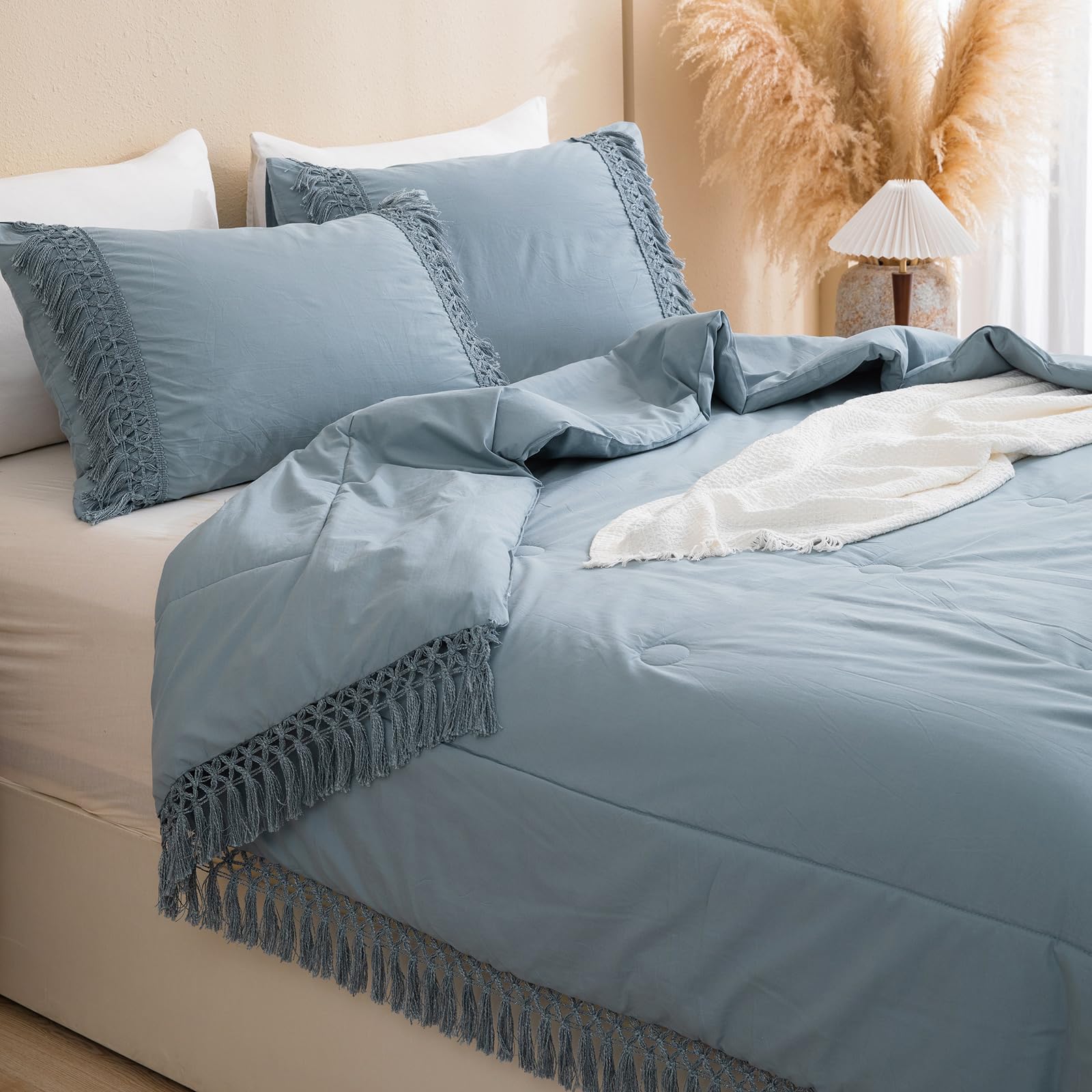 Boho Queen Comforter Farmhouse Comforter Set Shabby Chic Fringe Tufted Tassel Design Linen Like Textured Beding Comforter 1 Bohemian Comforter 2 Pillowcases (Blue, Queen)