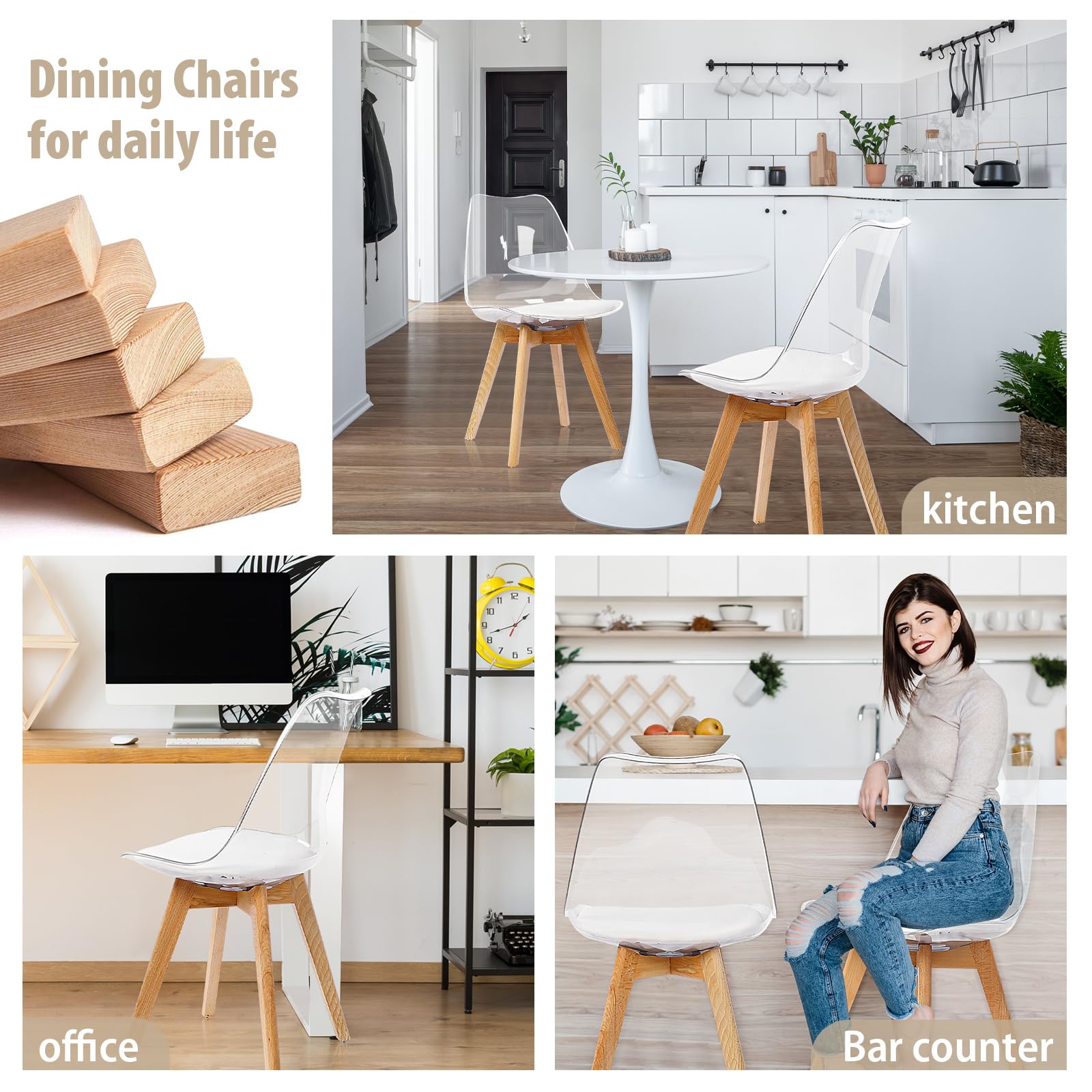 Barydat Clear Dining Chairs Set of 4, Modern Kitchen Acrylic Chairs Transparent Chair with PU Leather Seat Cushions and Solid Beech Legs for Banquet Living Room Bedroom and Office(Clear)