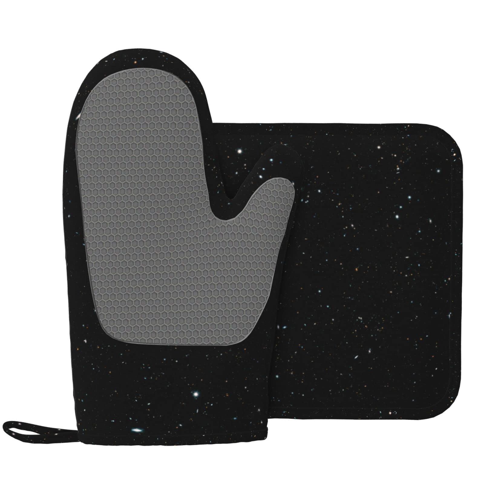 Black Glitter Silicone Oven Mitts Pot Holder Sets 2pcs Cute Design Washable Non Slip Kitchen Heat Resistant Mat Women's Cooking Gloves for Baking and BBQ Wear