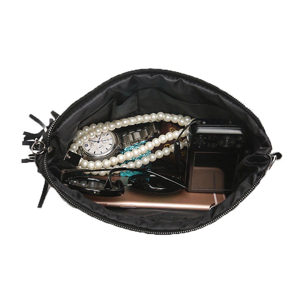 KARRESLY Women's Rivets Studded Shoulder Bag Black Tassel Clutch Bag Cross Body Bags(Black-3)