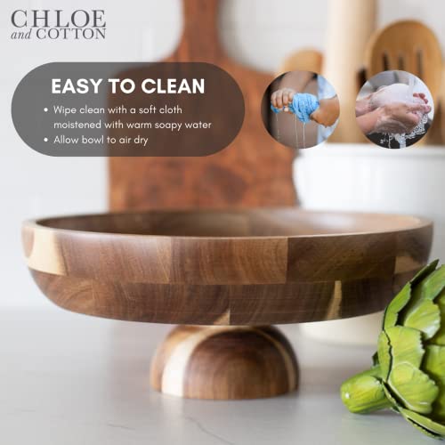 Chloe and Cotton | Large 12-Inch Brown Acacia Wood Bowl | Kitchen Counter Fruit Bowl | Decorative Pedestal Bowl for Entryway Table Decor