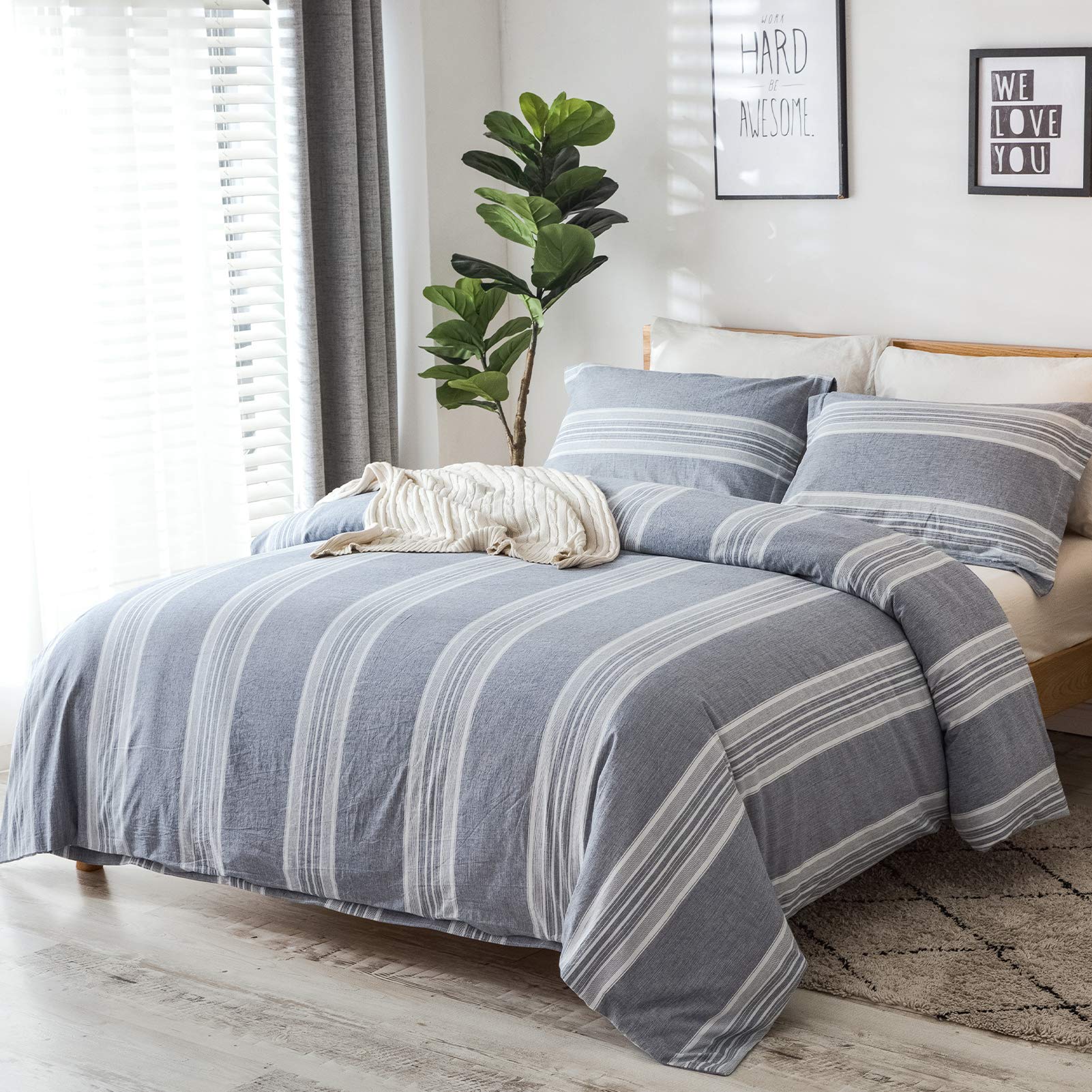 David's Home 100% Washed Cotton Duvet Cover Set Queen Size, Chambray Stripe Duvet Cover with Pillow Shams, 3pcs Ultra Soft and Breathable Comforter Cover Set, 90x 90 Inches, Blue Beige