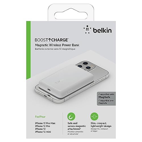 Belkin Wireless Power Bank w/MagSafe Compatible 7.5W Wireless Charging - Portable Magnetic Charging Bank - Compatible w/iPhone 15, 15 Plus, 15 Pro, 15 Pro Max, iPhone 14, AirPods, & More - White