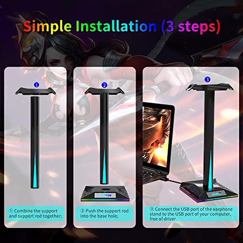 NACODEX Black Wired Gaming Headset and RGB Gaming Headphone Stand with 3.5mm AUX & 2 USB Port, Touch Control 10 Lighting Mode Headset Holder