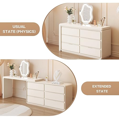 HOTICKME White Makeup Vanity Set, Modern Makeup Vanity with LED Mirror, Vanity Desk with Chair & Drawers & Cabinet, Dressing Table for Girls, Bedroom Dresser