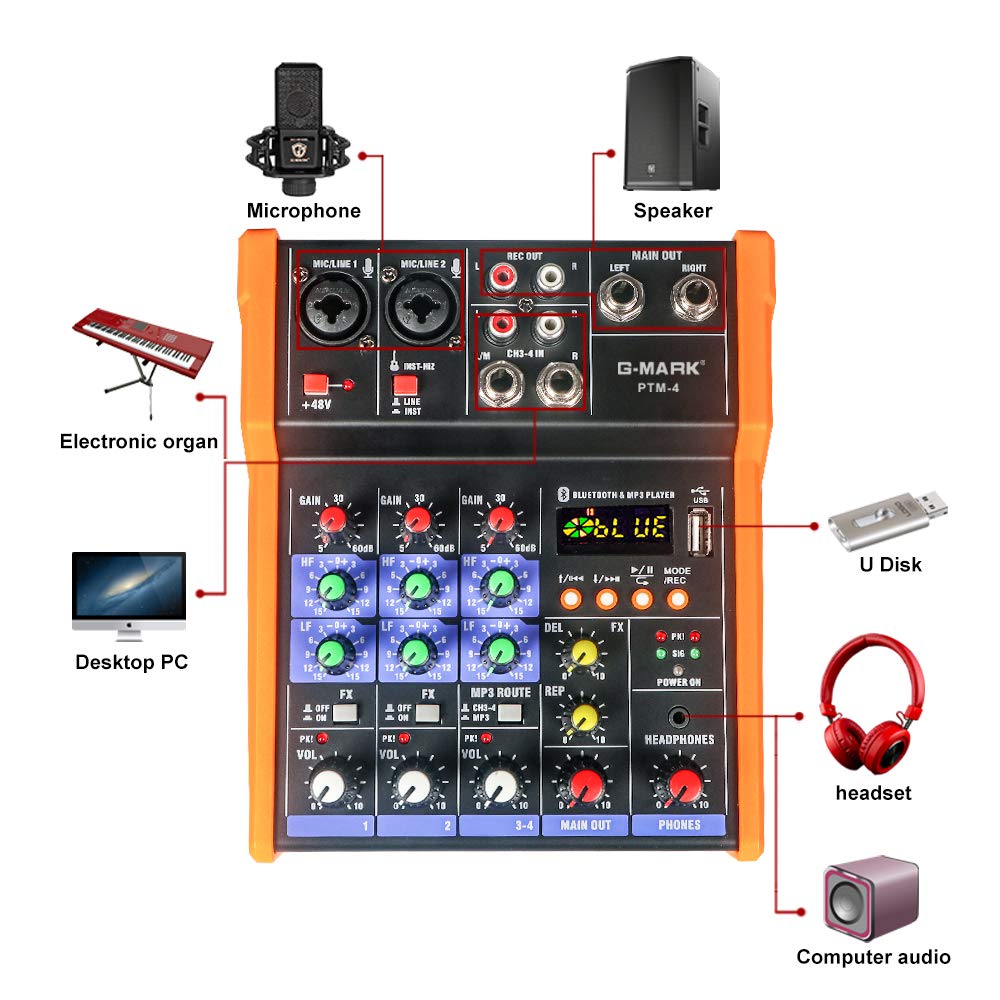 Audio Mixer Bluetooth G-MARK Professional Mixer Usb Interface Sound Board Console System 16 Channel Digital MP3 Computer Input 48V Phantom Power Stereo DJ 24-Bit SPX Effects Mixing Console
