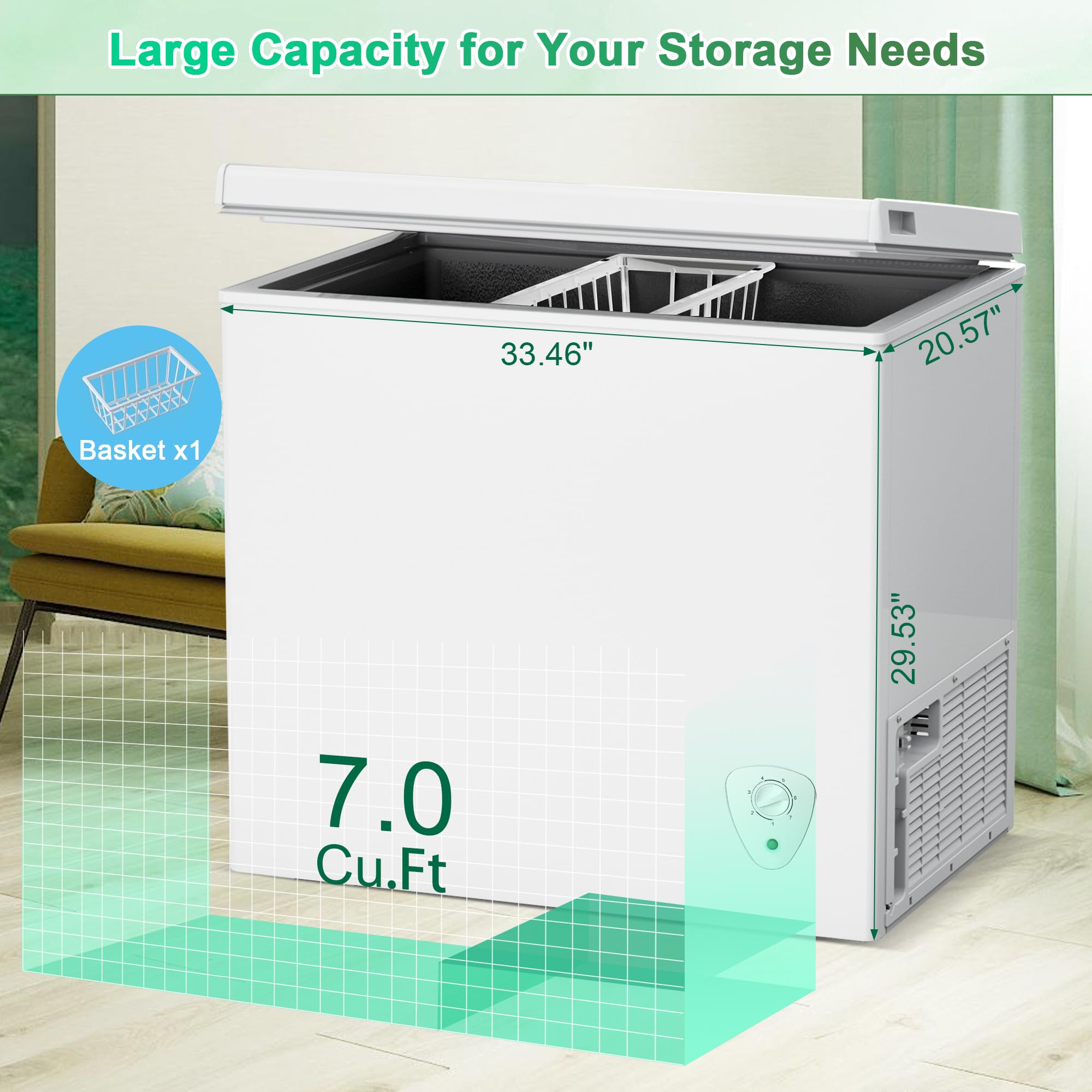 Chest Freezer 7.0 Cubic Feet with Removable Basket, Large Chest Freezer with 7 Adjustable Thermostat, Quiet Freezer Free-Standing Top Door Energy Saving Suitable for Dorm/Home/RVs, White