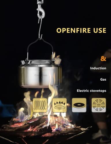 CretFine 304 Stainless Steel Camping Tea Kettle with Stackable Cups and Portable Bag, Anti-scalding Open Campfire Coffee Tea Pot, 1.1 Qt