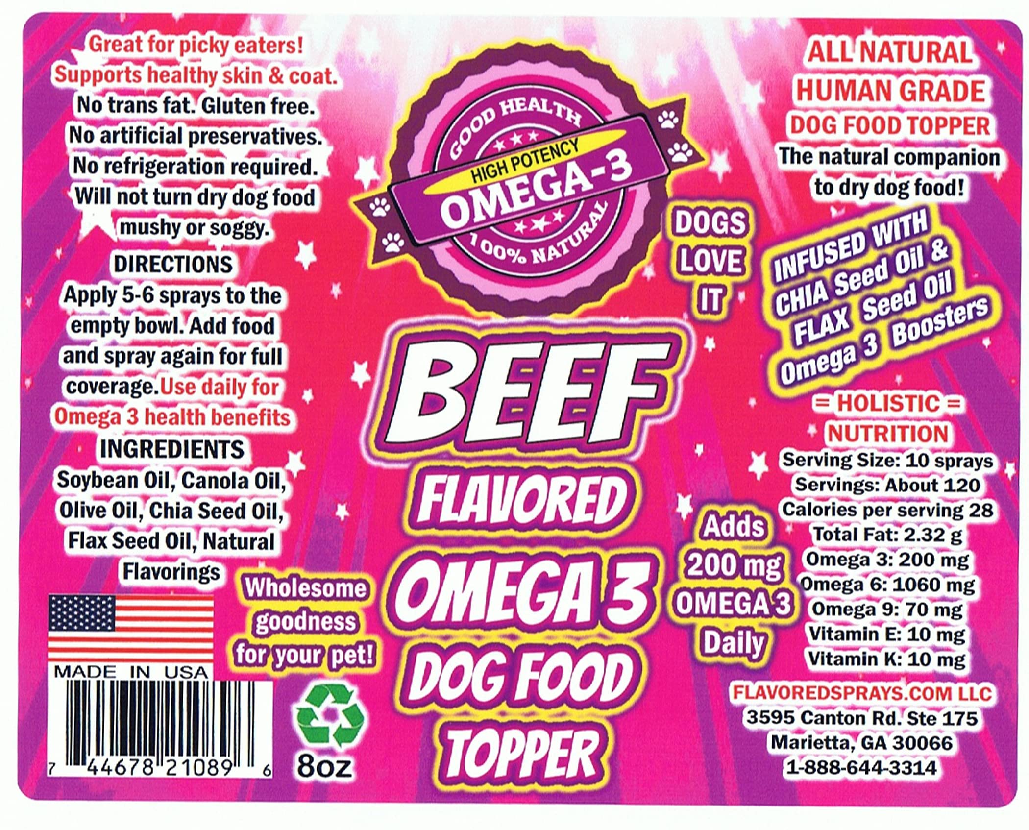 Flavored Sprays Bacon and Beef Flavored Omega 3 Sprays,All Natural,no Artificial Ingredients,Made in The USA