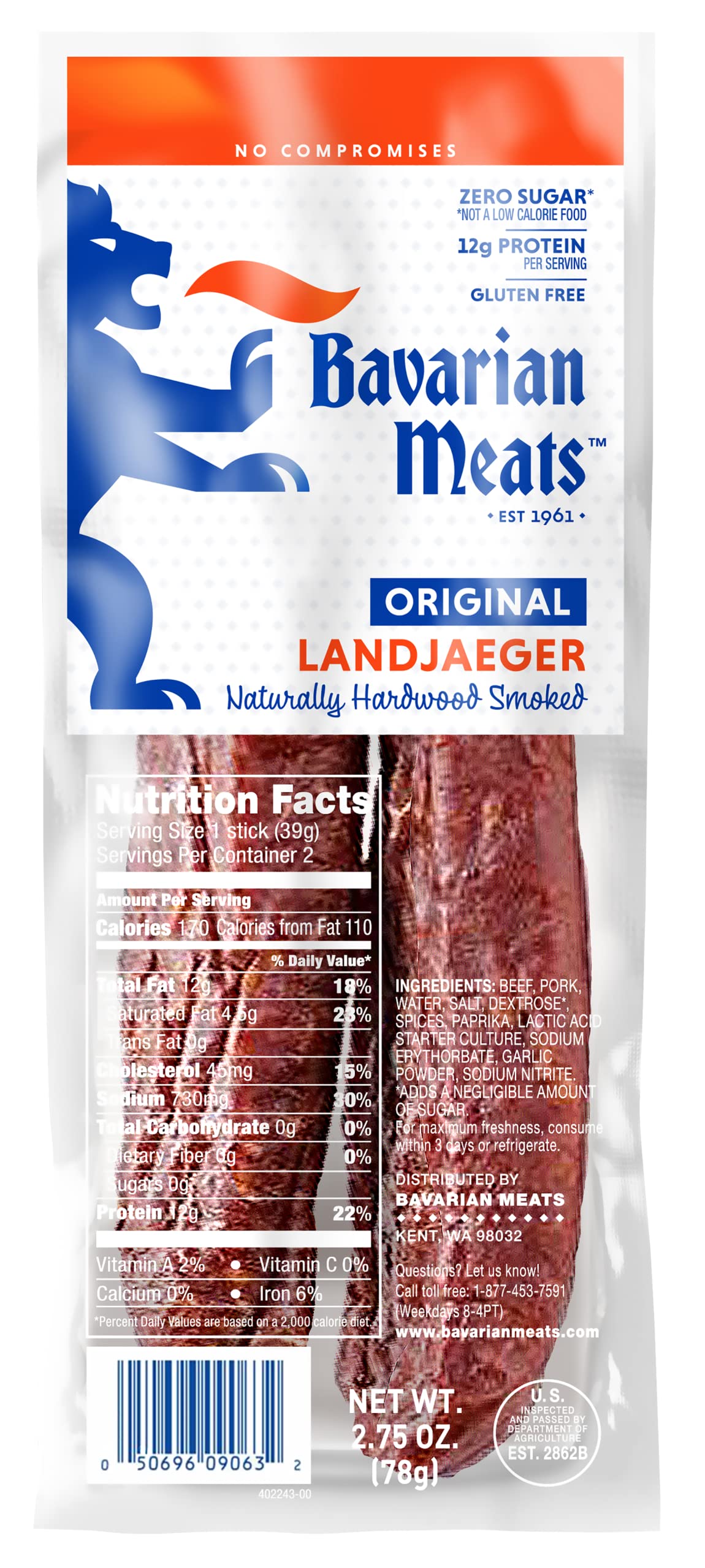 Bavarian Meats Landjaeger German Style Smoked Sausage Snack Sticks, 2.75 Ounce (Pack of 6)
