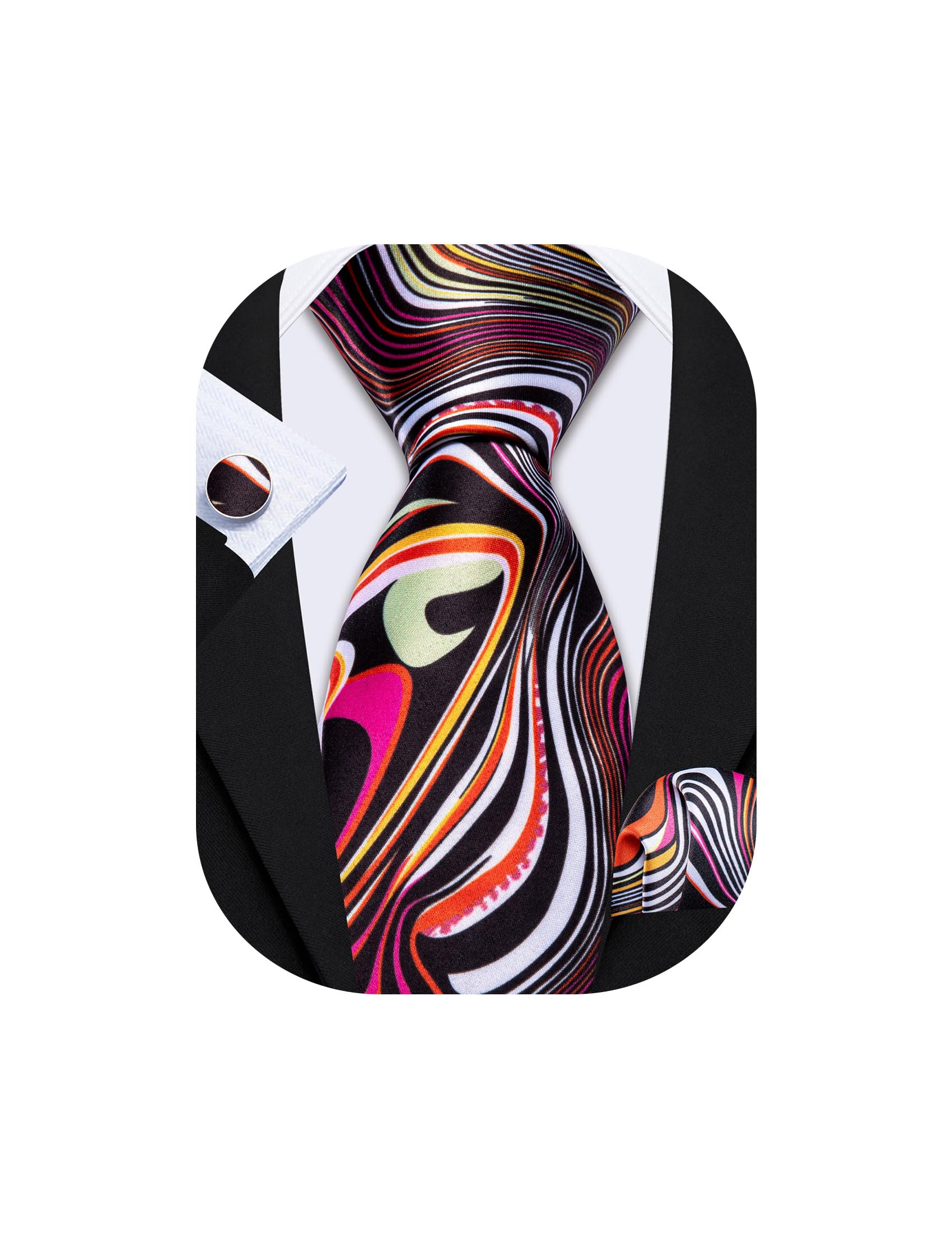 Barry.Wang Men Tie Set Print Orange Hot Pink Black Silk Necktie Pocket Square Cufflinks Formal Wedding Party Business