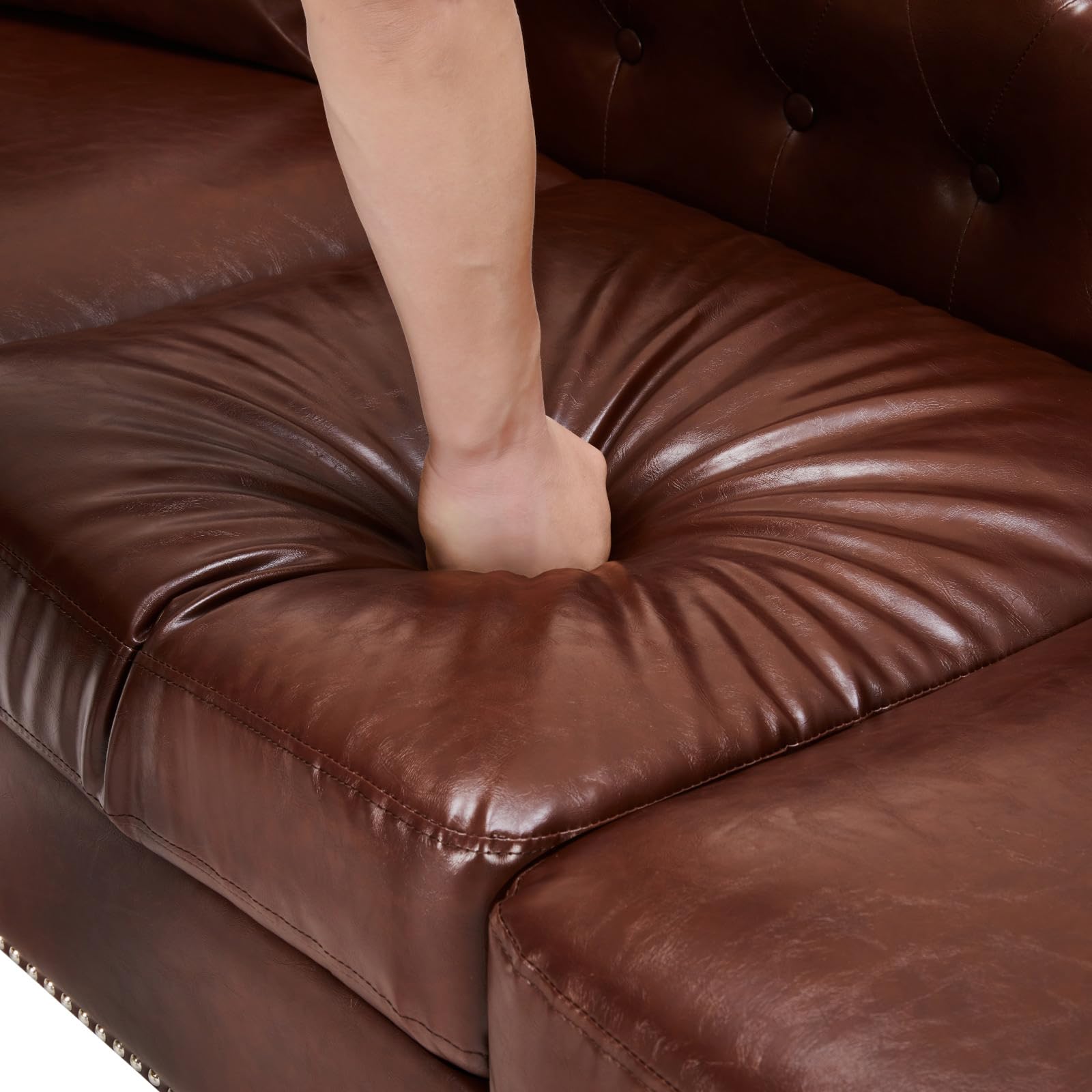 Chesterfield Sofa 83.4 " Faux Leather Couches with Gourd Wooden Legs, Deep Seat Comfy 3-Seater Upholstered Couch Button Nailhead Tufted Classic Couches for Living Room,Bedroom Easy to Assemble (Brown)