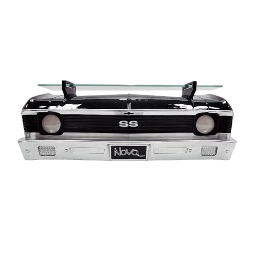 Chevrolet Nova SS Floating Wall Shelf, Black, 19.3x6.3x6.9 inches, Tempered Glass, Battery Powered LED Headlights, Chevy Enthusiast Gift, Gifts Idea, Car Lover's Decor, Nova Collector