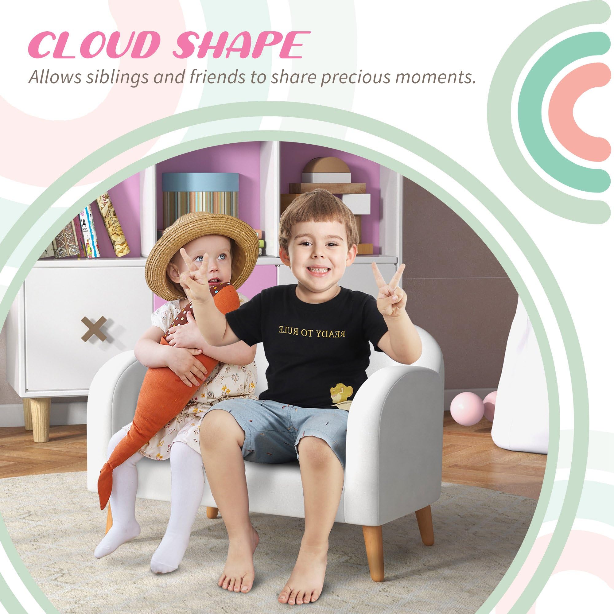 Qaba 2 Seater Kids Sofa, Cloud Shaped Children's Sofa for Nursery Playroom with Soft Foam Padding & Anti-Tipping Design, for 2-5 Years, White
