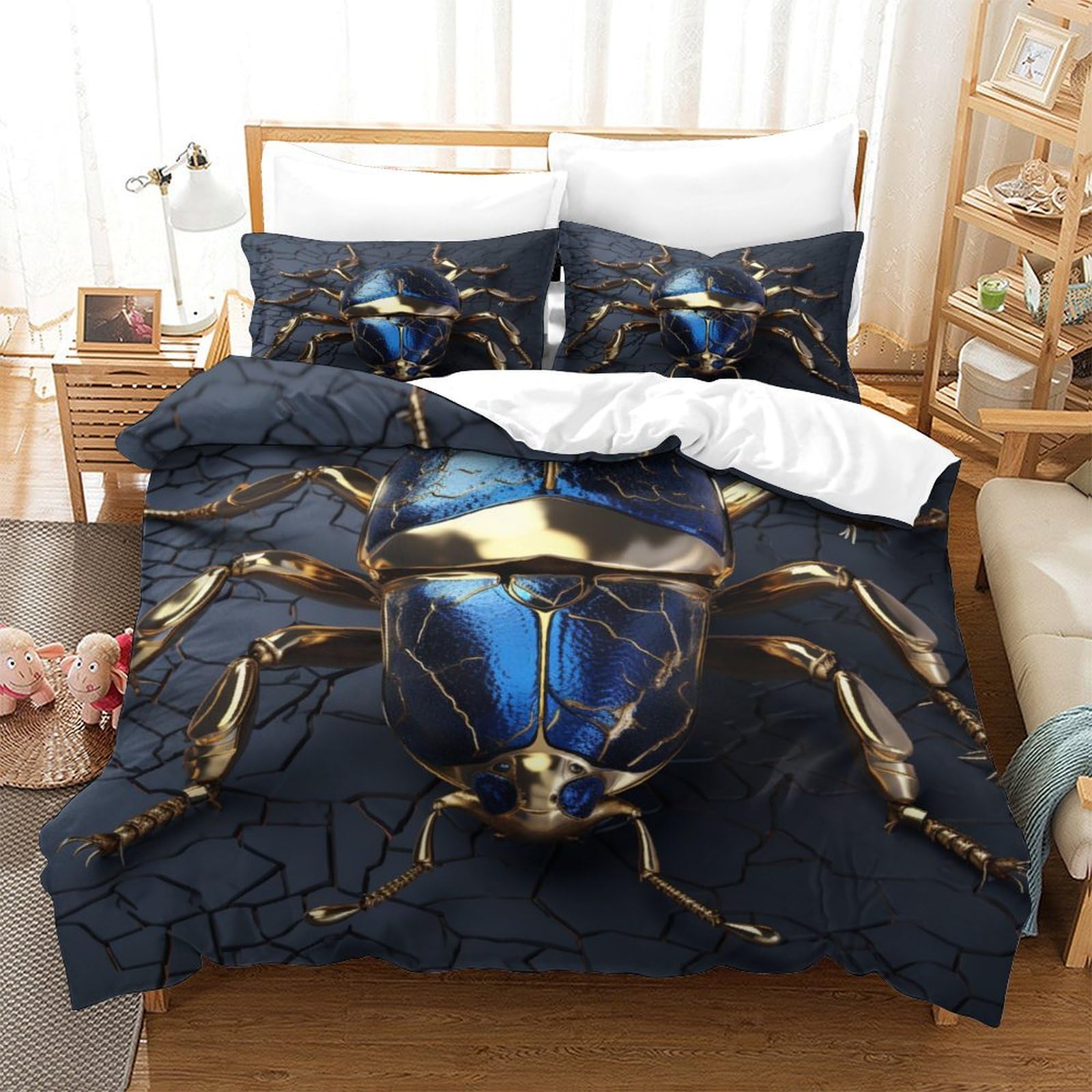 EVMILA Blue Beetle 3D Print Insects Comforter Covers Duvet Cover for Boys Girls Quilt Cover Bedding Set with Zipper Closure with Pillow Cases Soft Microfiber 3 Pieces Twin(173x218cm)