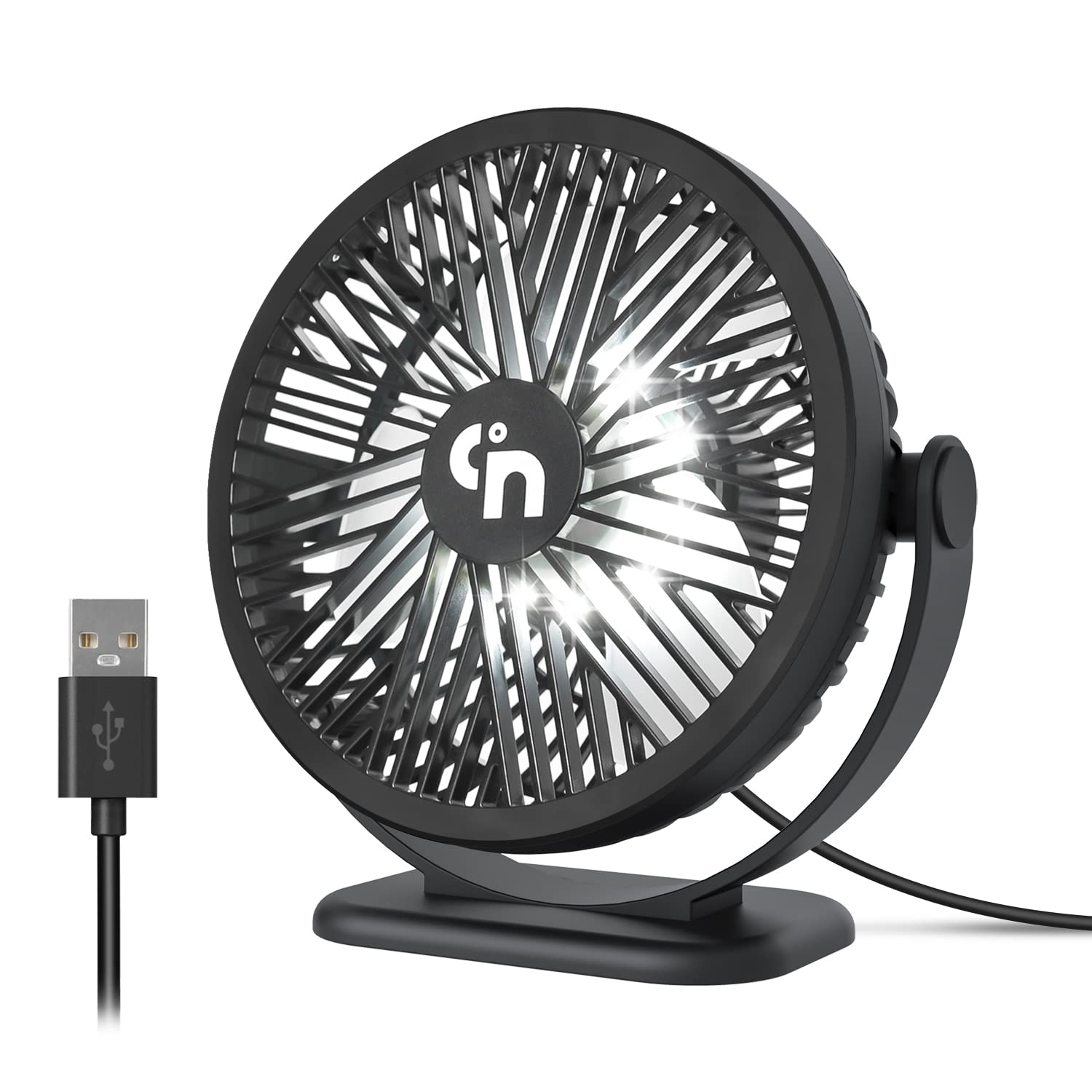 WayToLight 5.3 Inch Small Desk Fan with LED Light, 3 Speeds, USB Powered Table Fan, 360° Rotation Desktop Fan, Ultra Quiet, Mini Personal Fan for Office,Table, Study, Bedroom