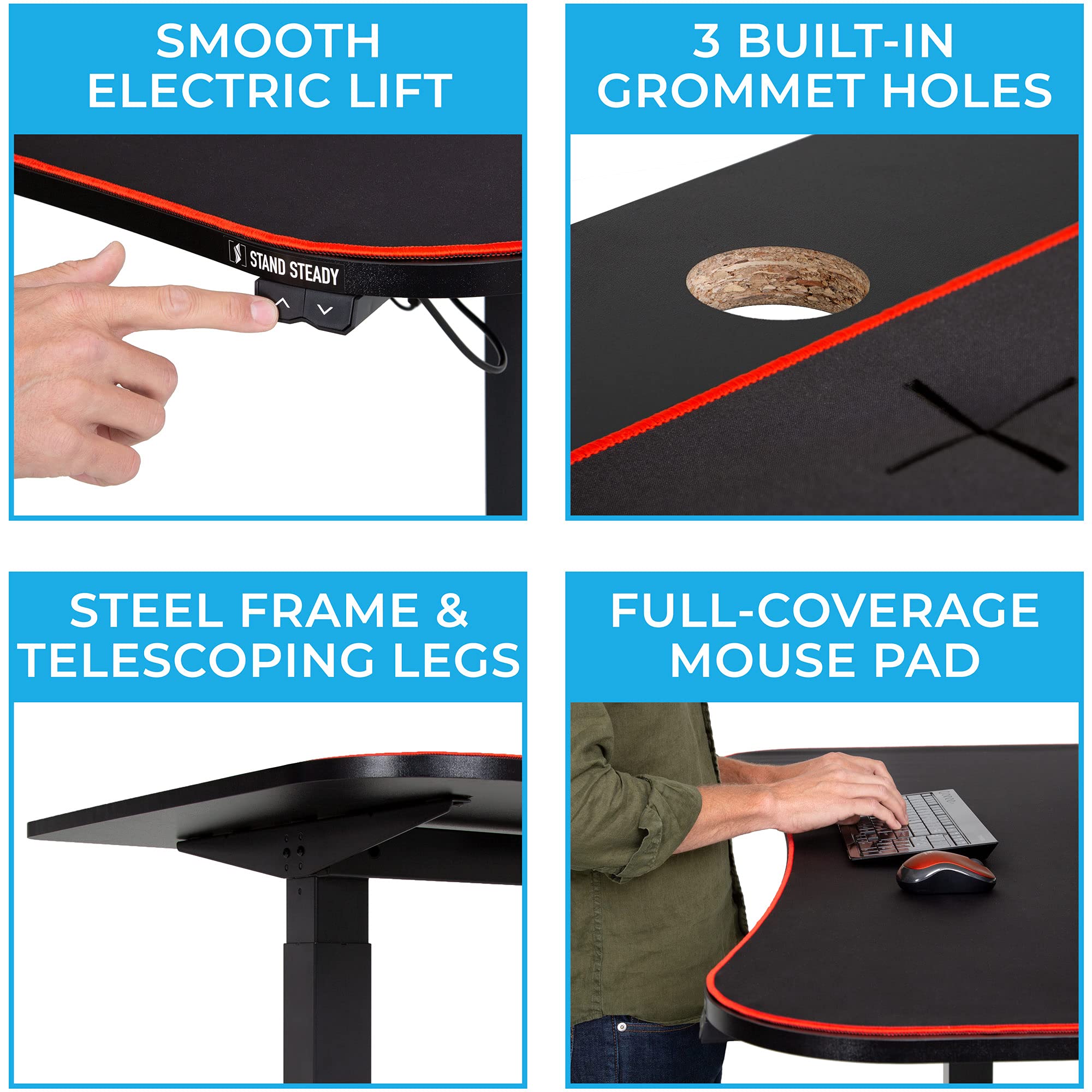 Stand Steady Tranzendesk Power | 63in Electric Gaming Desk | Extra Large Height Adjustable Electric Standing Desk | Ergonomic Computer Desk with 3 Monitor Mount Grommet Holes & Full Size Mouse Pad