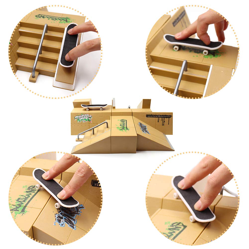 icoko Skate Park Kit, 8 PCS Skate Park Kit Ramp for Mini Finger Skateboard Ultimate Parks Training Props with 3 Finger Skateboard and 4 Silicone Mat Set
