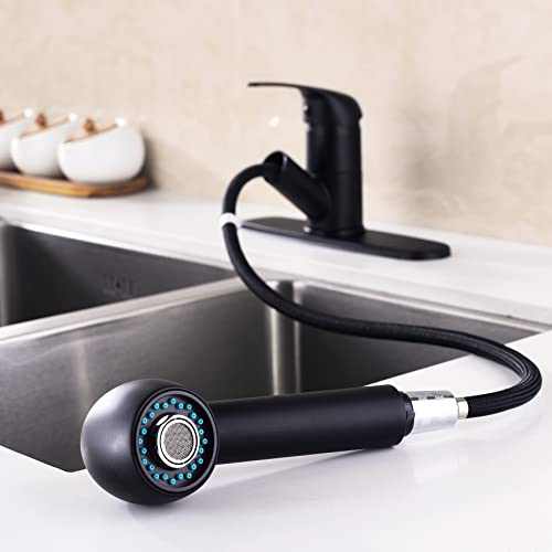 BZOOSIU Stainless Steel Pull Out Sprayer Kitchen Sink Faucet with Deck Plate, Single Lever Low Arch Rv Kitchen Faucet, 1-Hole or 3-Holes Installation Bar Faucets, Matt Black