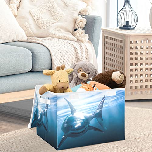 CaTaKu Water Shark Storage Bins with Lids and Handles, Fabric Large Storage Container Cube Basket with Lid Decorative Storage Boxes for Organizing Clothes