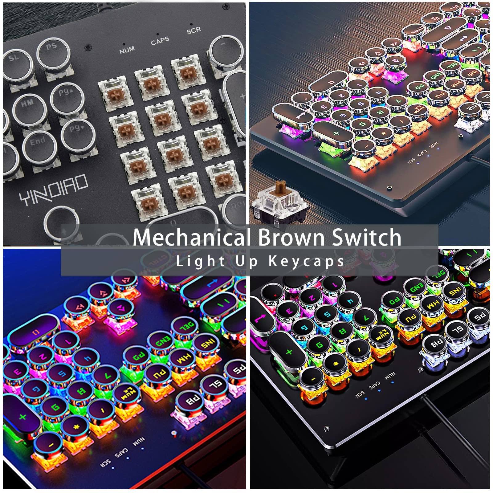 Basaltech Brown Switch Mechanical Keyboard with Rainbow LED Backlit, Typewriter Style Gaming Keyboard with 104-Keys Round Keycaps, Retro Steampunk Keyboard Metal Panel with Wired USB for PC/Mac