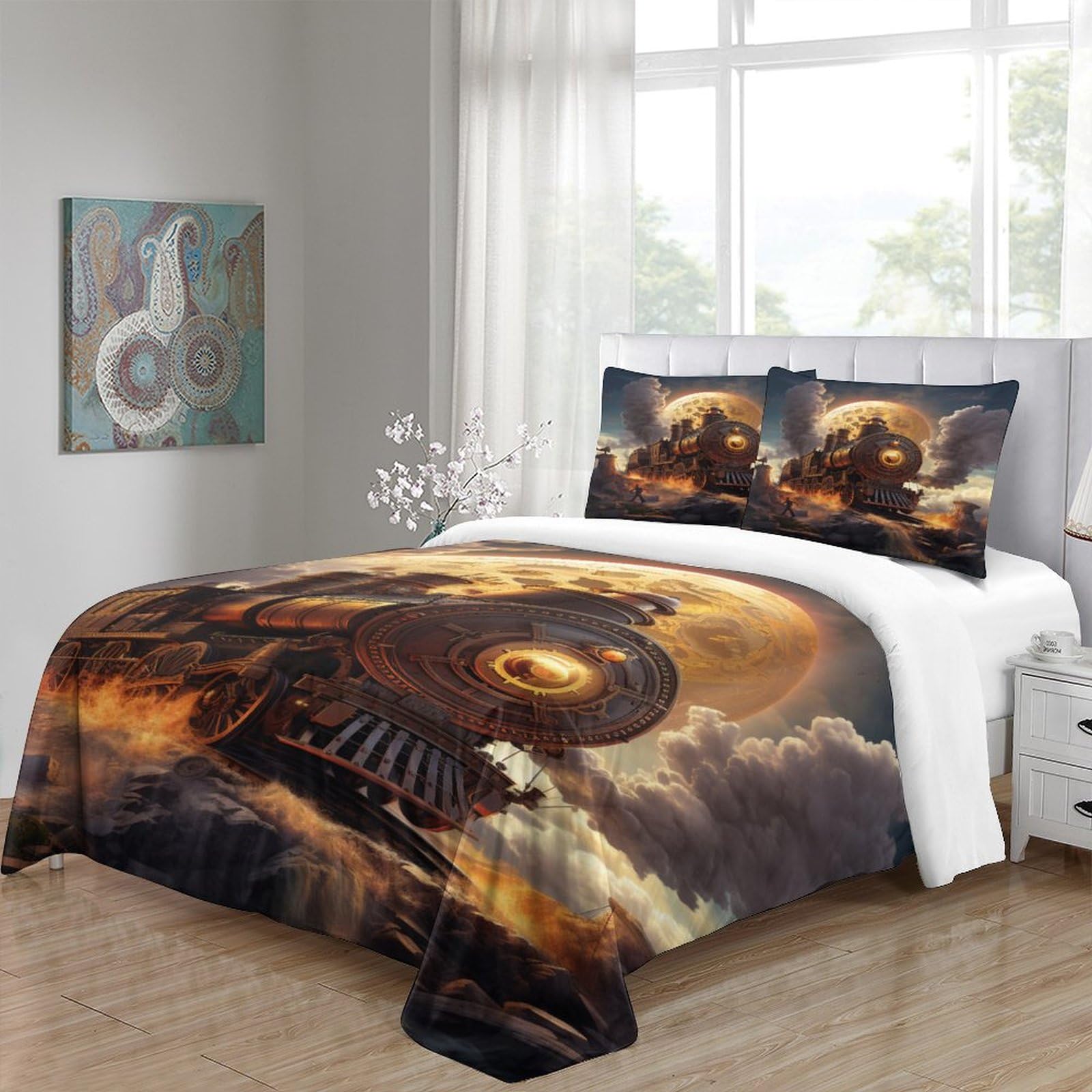 EVMILA Steam Train 3D Print Steampunk Comforter Covers Duvet Cover for Boys Girls Quilt Cover Soft Microfiber with Zipper Closure with Pillow Cases Bedding Set 3 Pieces Twin(173x218cm), Style