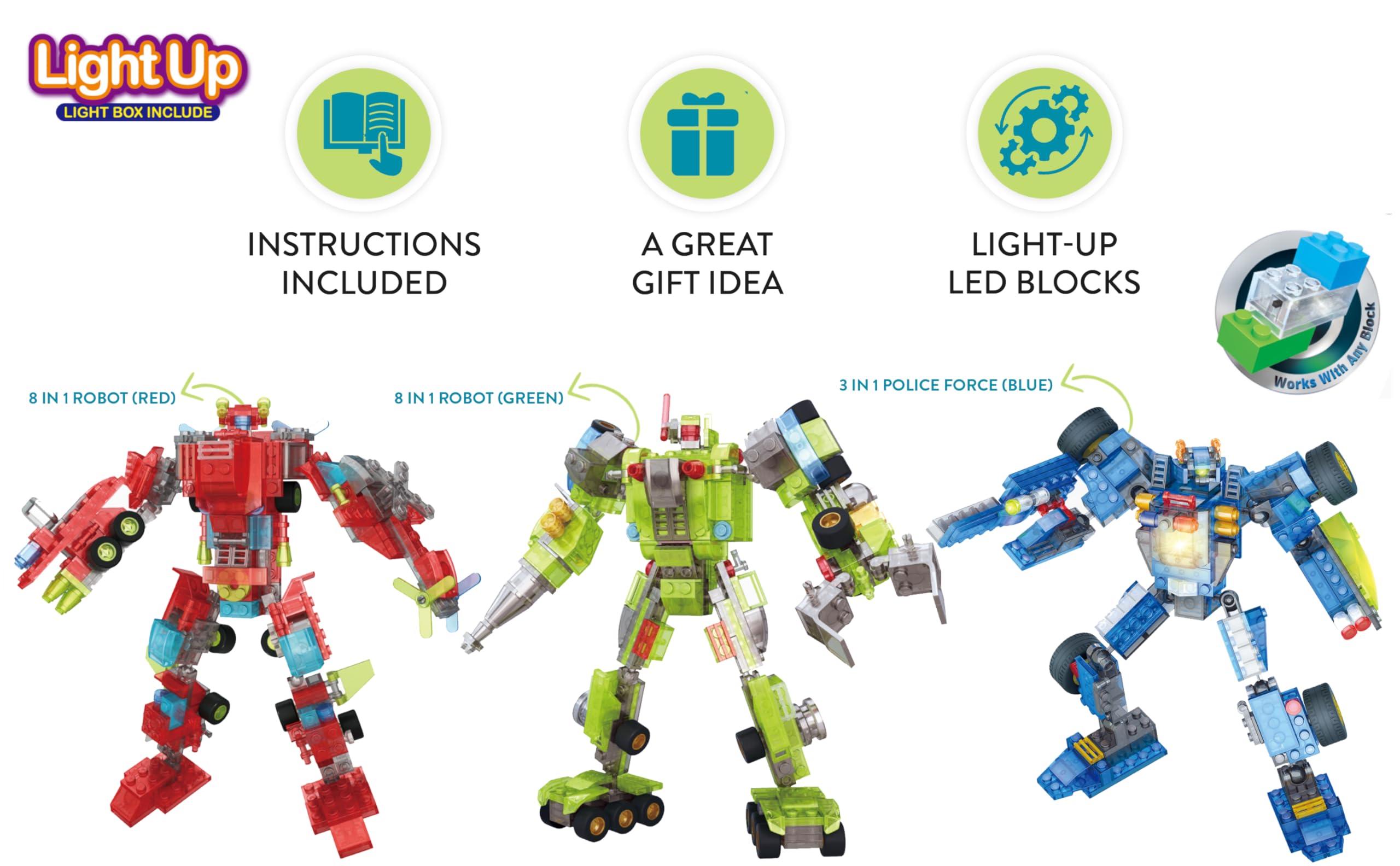 KOOKAMUNGA KIDS 8-in-1 Green Robot Building Block Kit - 8 Mini Toys Transform Into 1 Large Robot Toy - Interlocking Blocks - Transforming Buildable Set for Kids - Works with Other Blocks (318 Pieces)