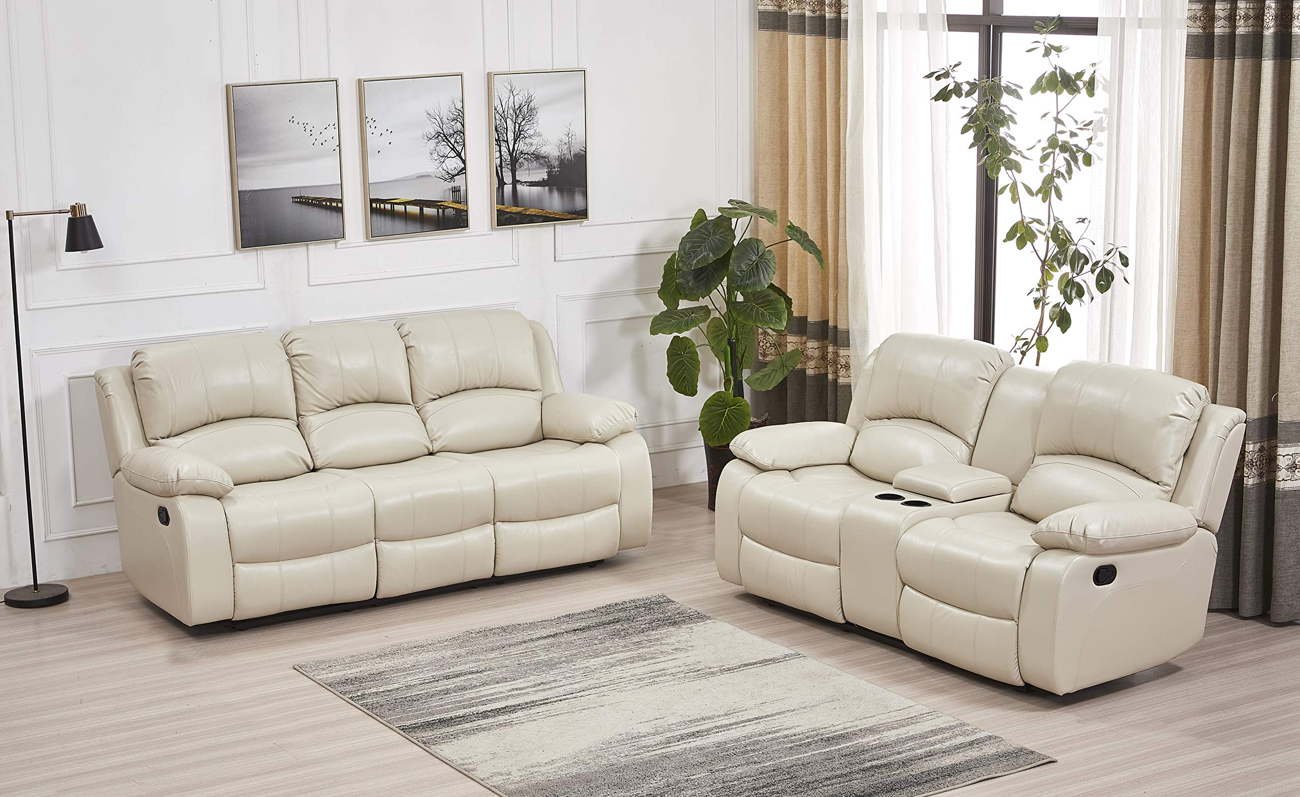 Betsy Furniture 2PC Bonded Leather Recliner Set, Sofa, Loveseat, 8018, Beige