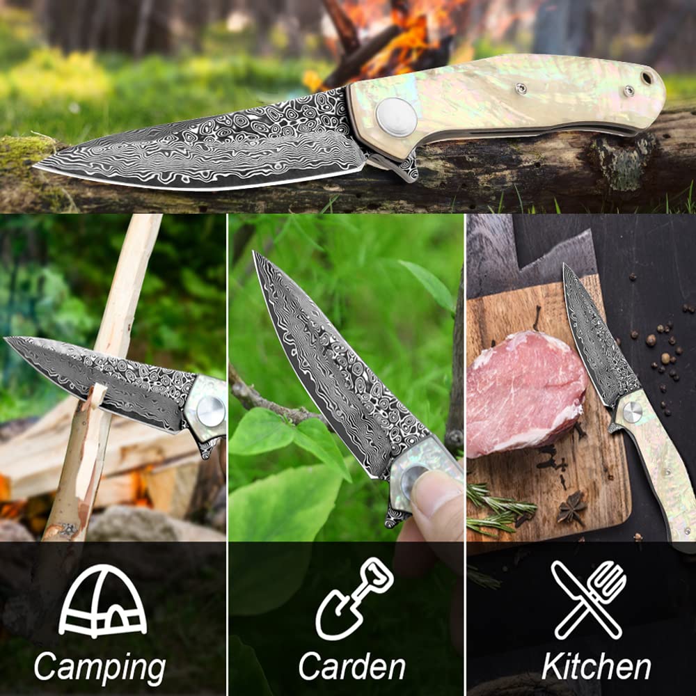 Benkey VG10 Damascus Abalone Seashells Pocket Knife 3 Pack and VG10 Damascus Natural Wood Pocket Knife Bundles