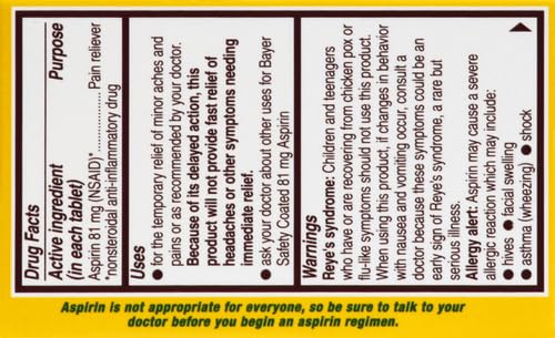 Bayer Aspirin Low Dose 81 mg, Enteric Coated Tablets, Doctor Recommended, Secondary Prevention of Cardiovascular Disease, 32 Safety Coated Tablets