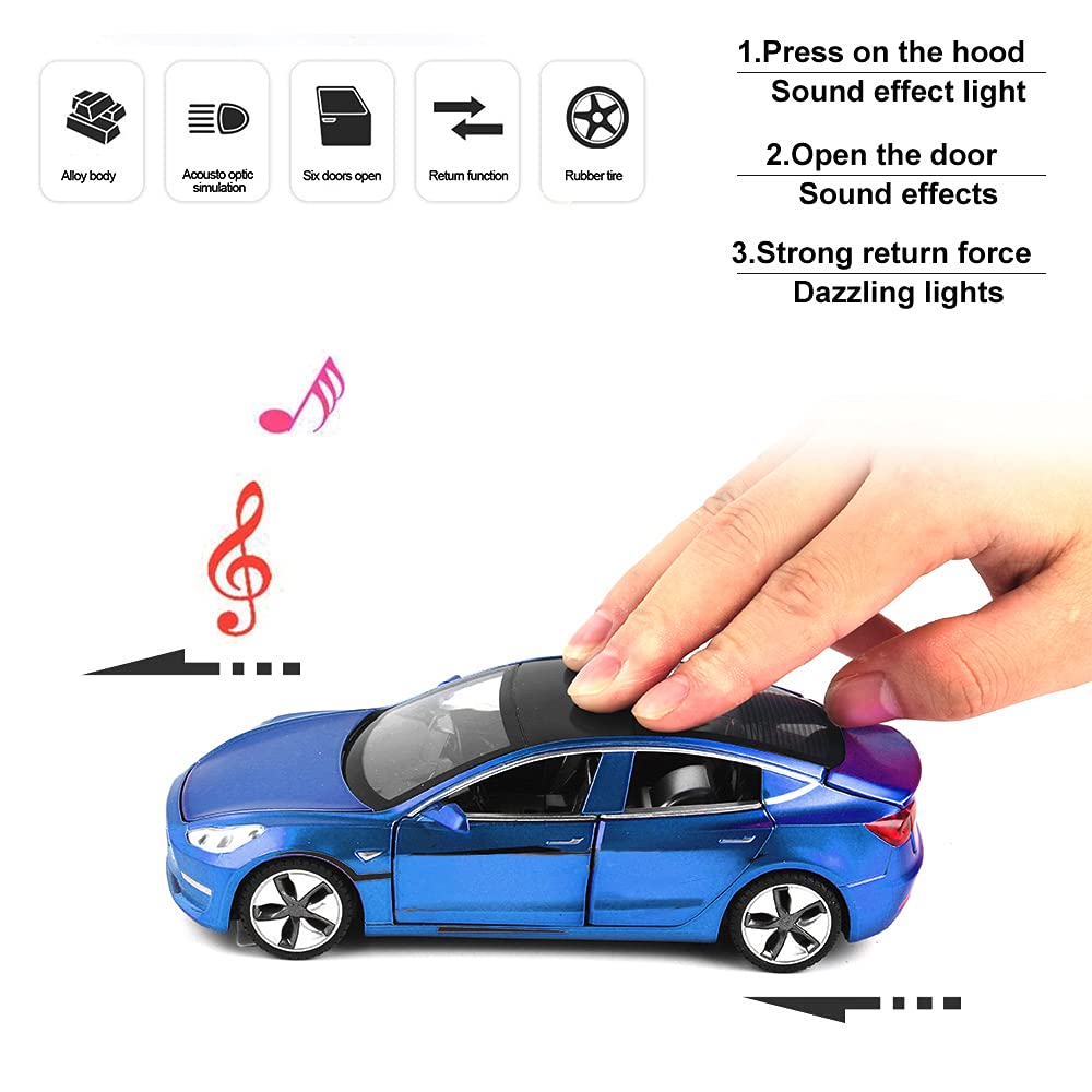 Model 3 Toy Car 1:32 Scale Alloy Car Model 3 Diecast & Pull Back Toy Vehicles Car Toy for 3 to 12 Years Old Toddlers Kids Toy Gift - with Lights and Music (Blue)