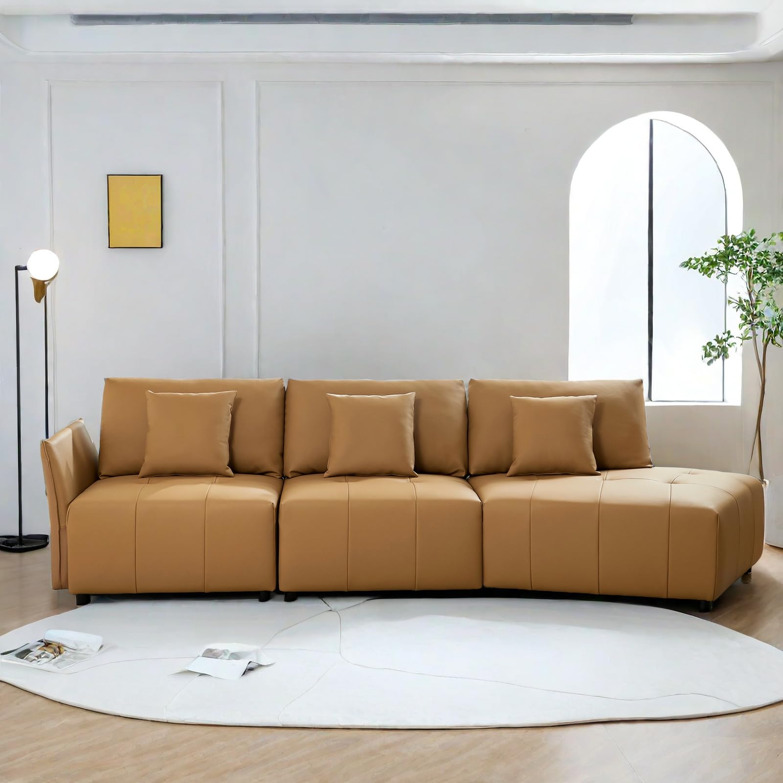 ChicFurnit Sectional Sofa, Couch with Three Movable Pillows & Positioned Armrests, Curved Real Leather 120" Upholstered Sofa with Sectional Chaise Lounge, Dark Yellow